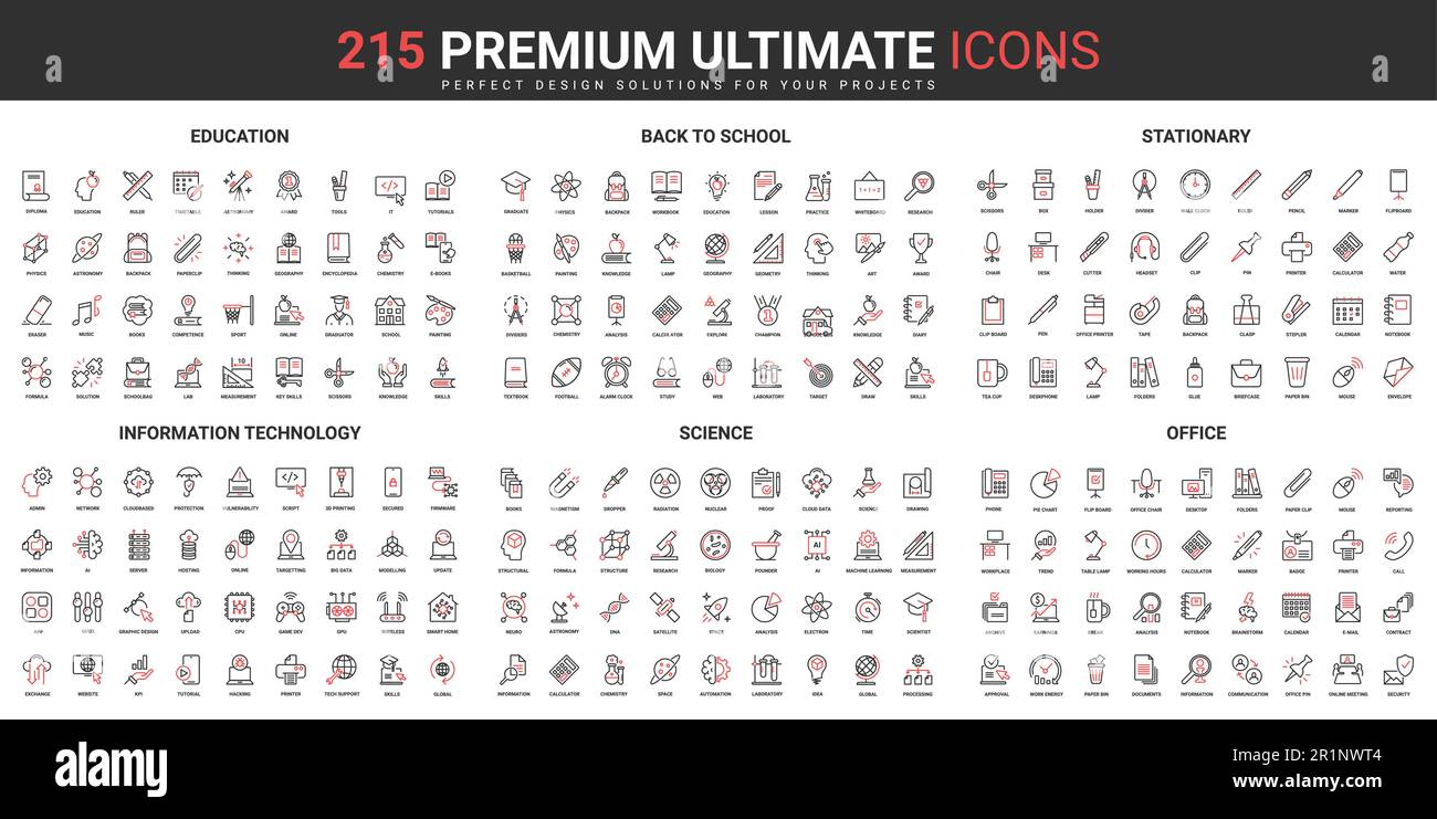 Education, science and information technology thin line red black icons ...