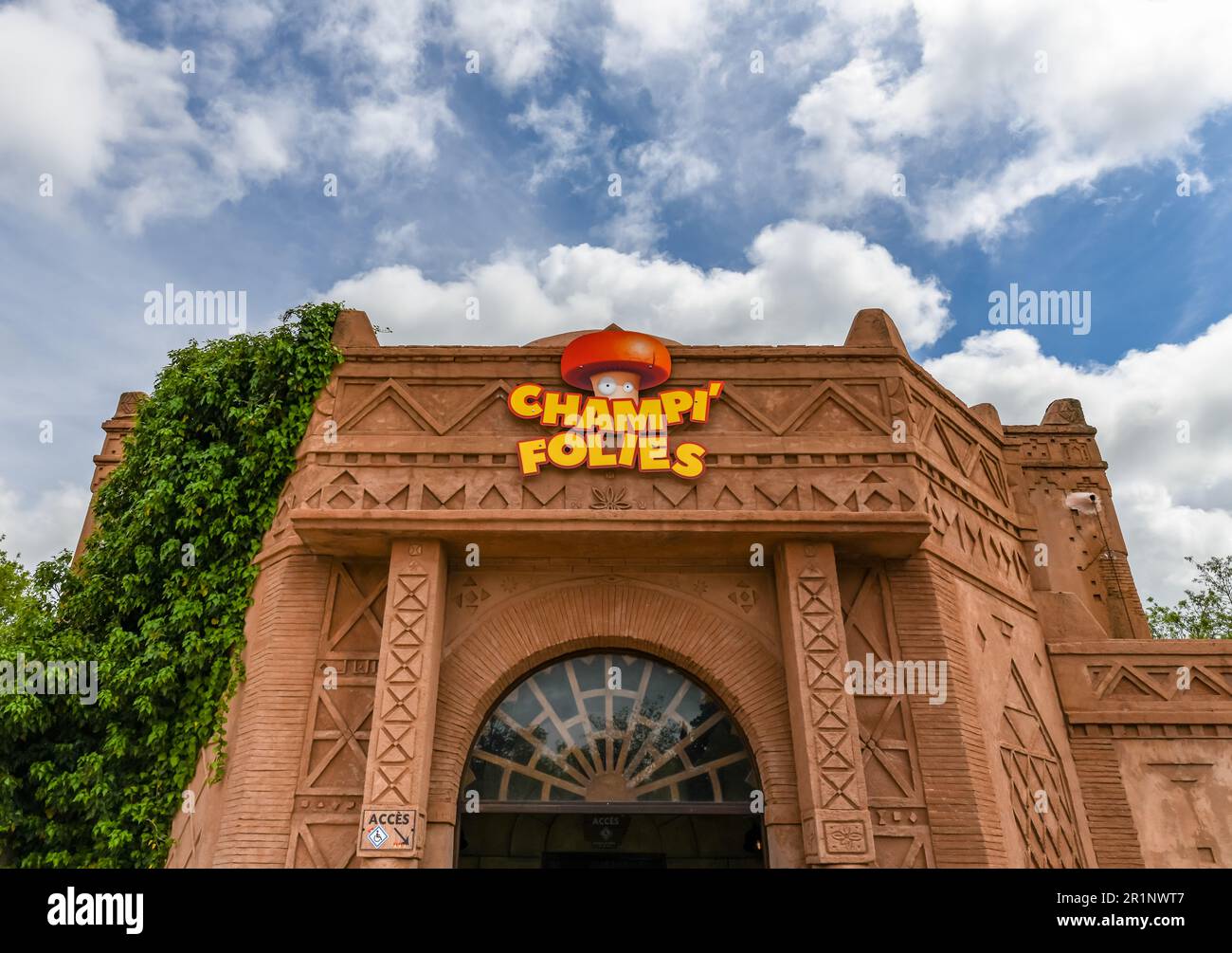 Exterior of the dark ride "Champi'folies' at Le Pal theme park in ...