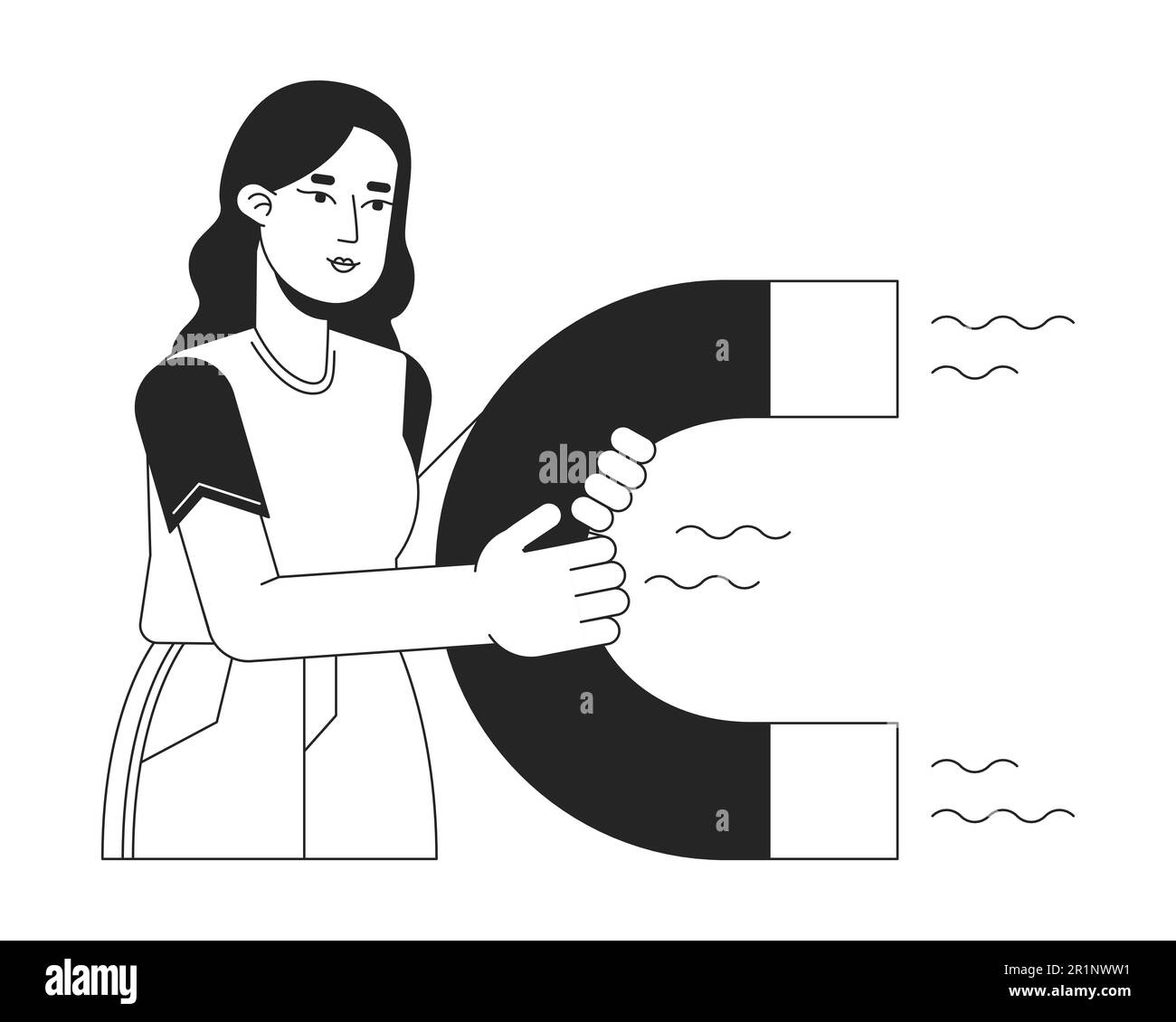 Young caucasian woman holding magnet flat line black white vector ...