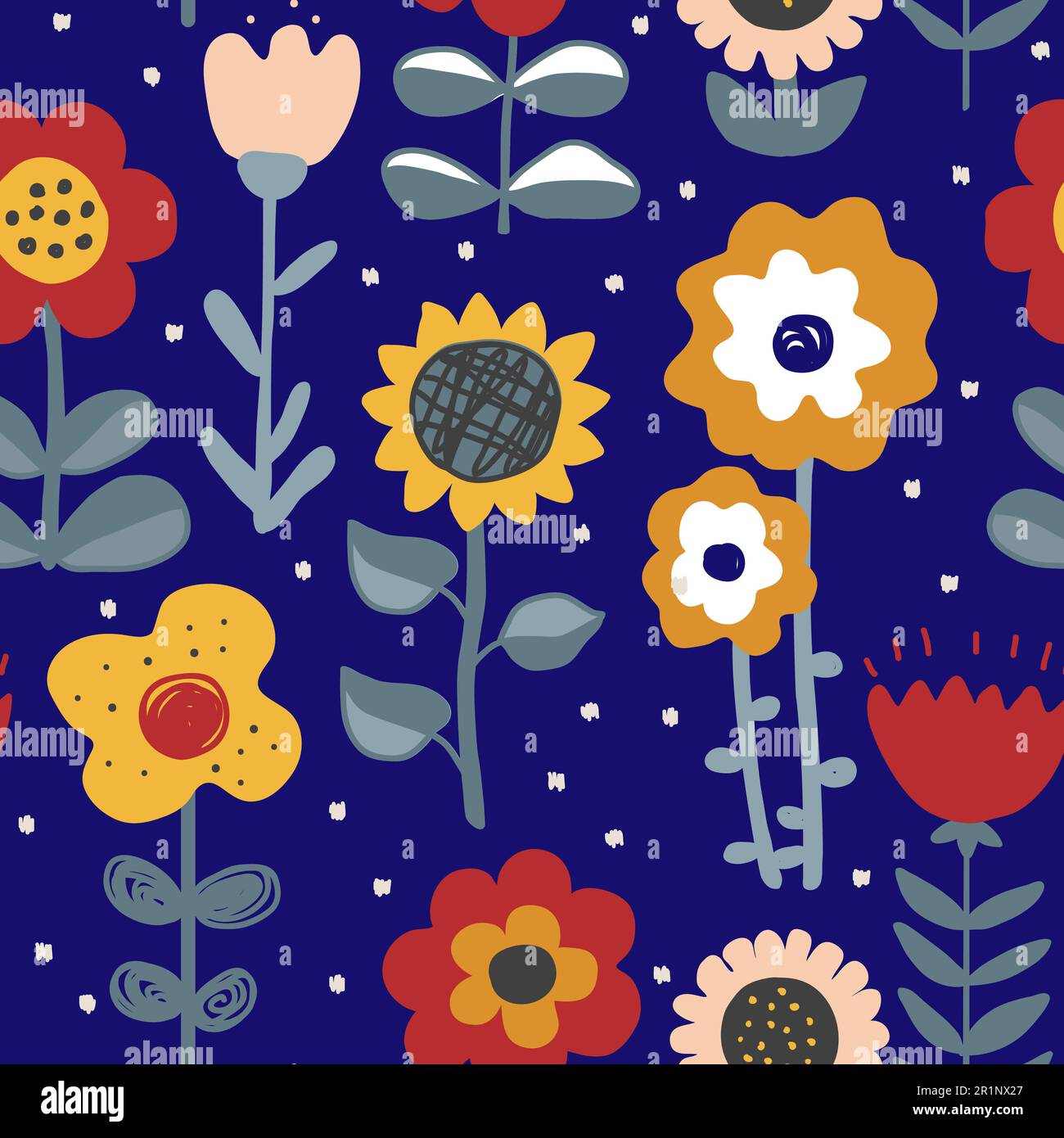 Fairy hand drawn flowers on dark blue background. Vector seamless ...