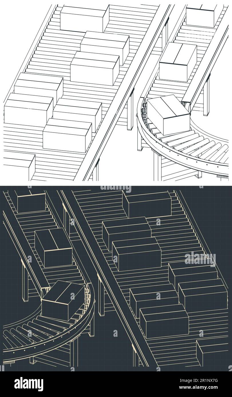 Stylized vector illustrations of automated conveyor lines for ...