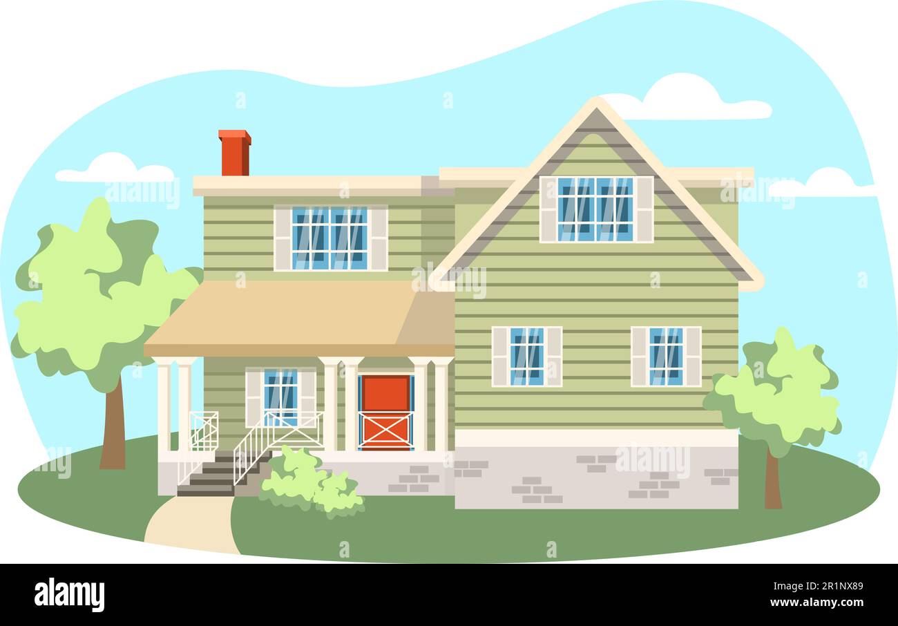 House illustration. Building, roof, window, door, porch. Editable ...