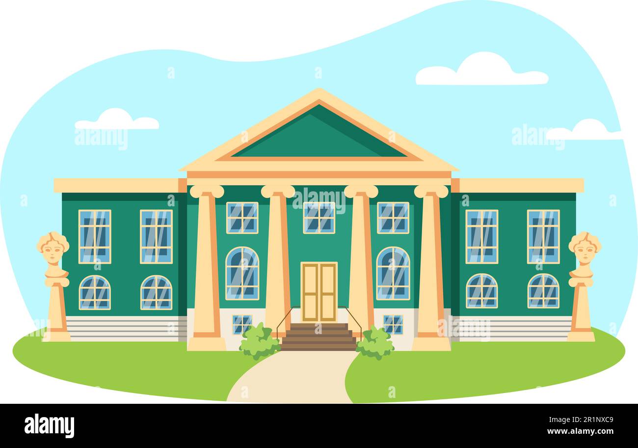 Museum illustration. Building, column, window, door, statue. Editable ...