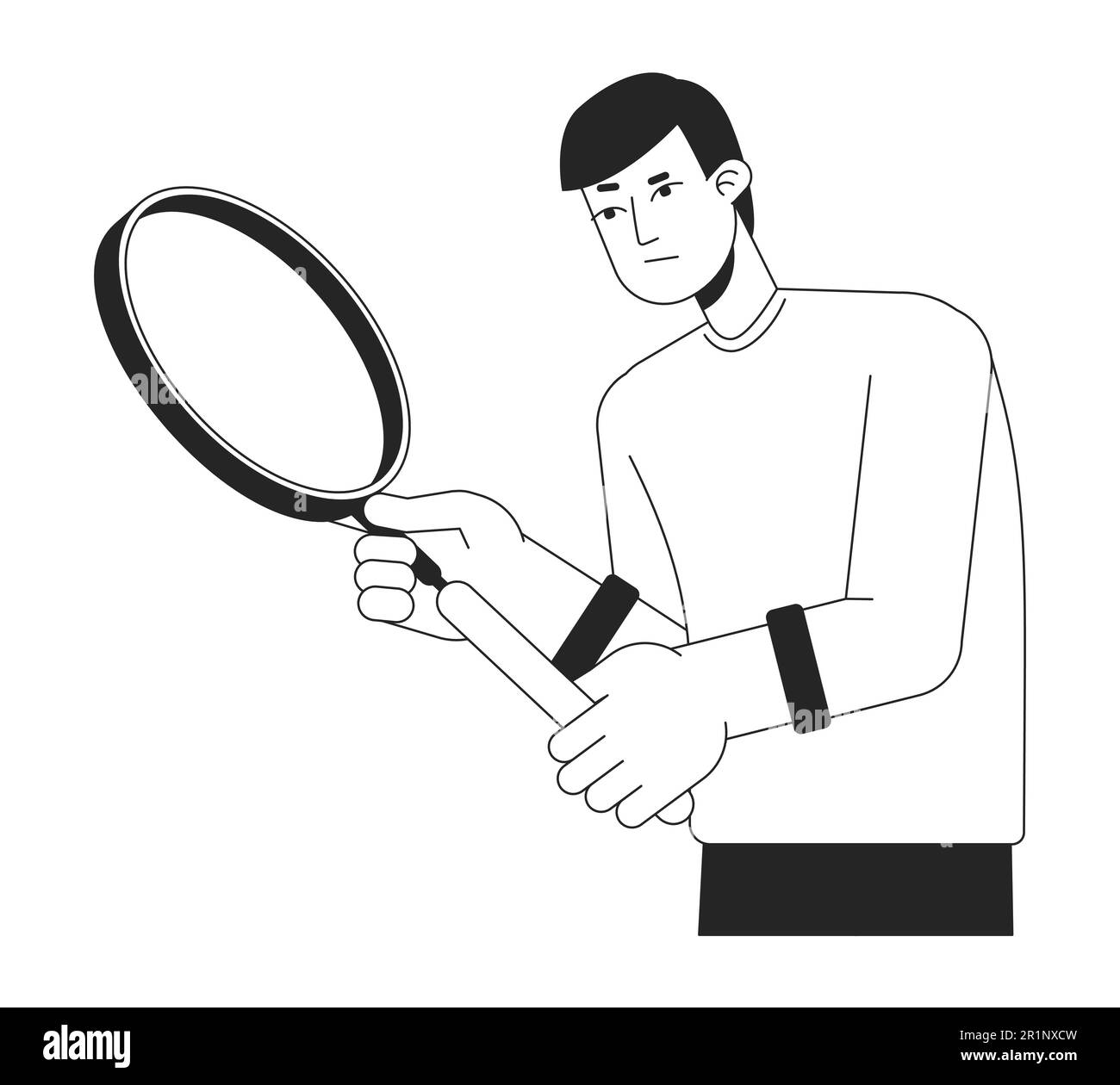 Doubtful caucasian young man holding loupe flat line black white vector ...