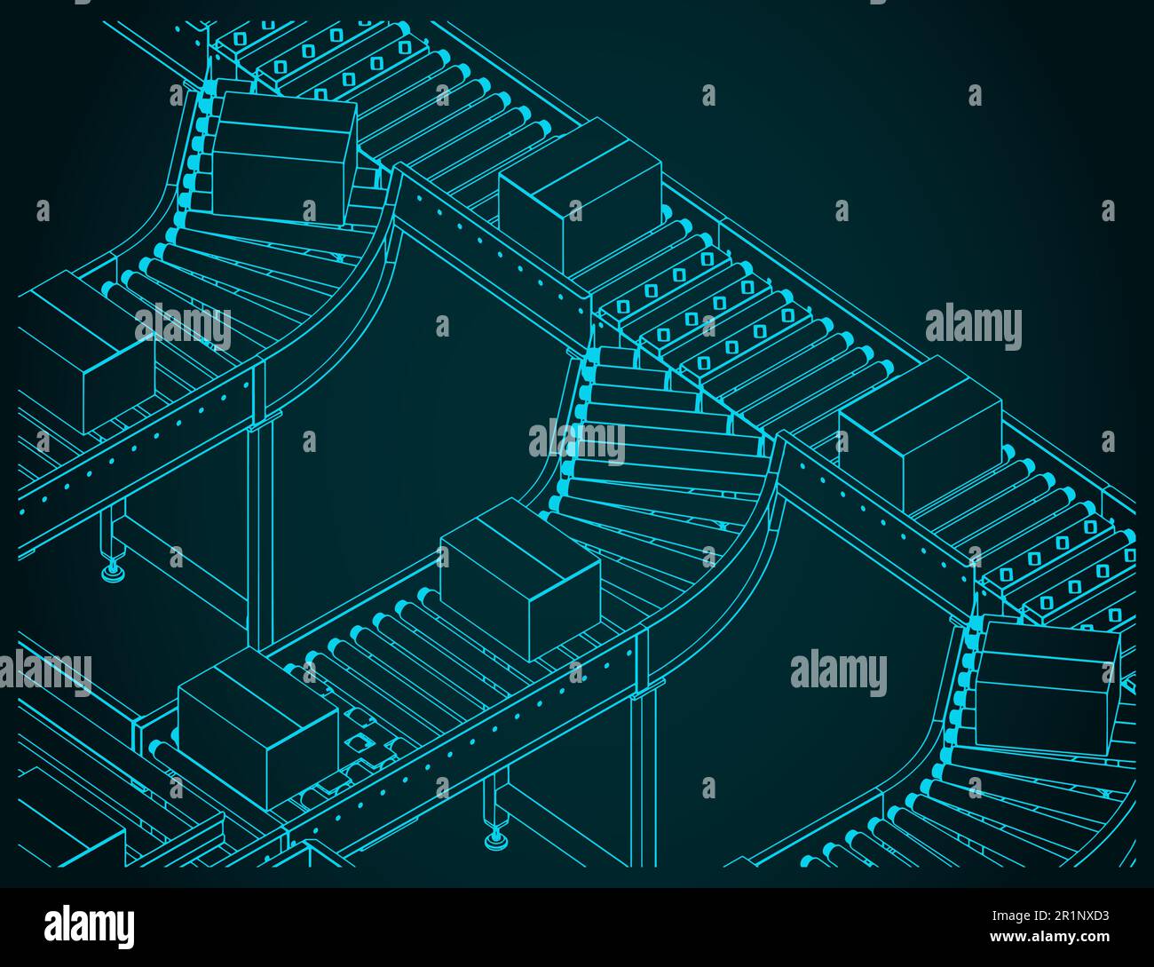 Stylized vector illustration of automated conveyor lines for factory ...