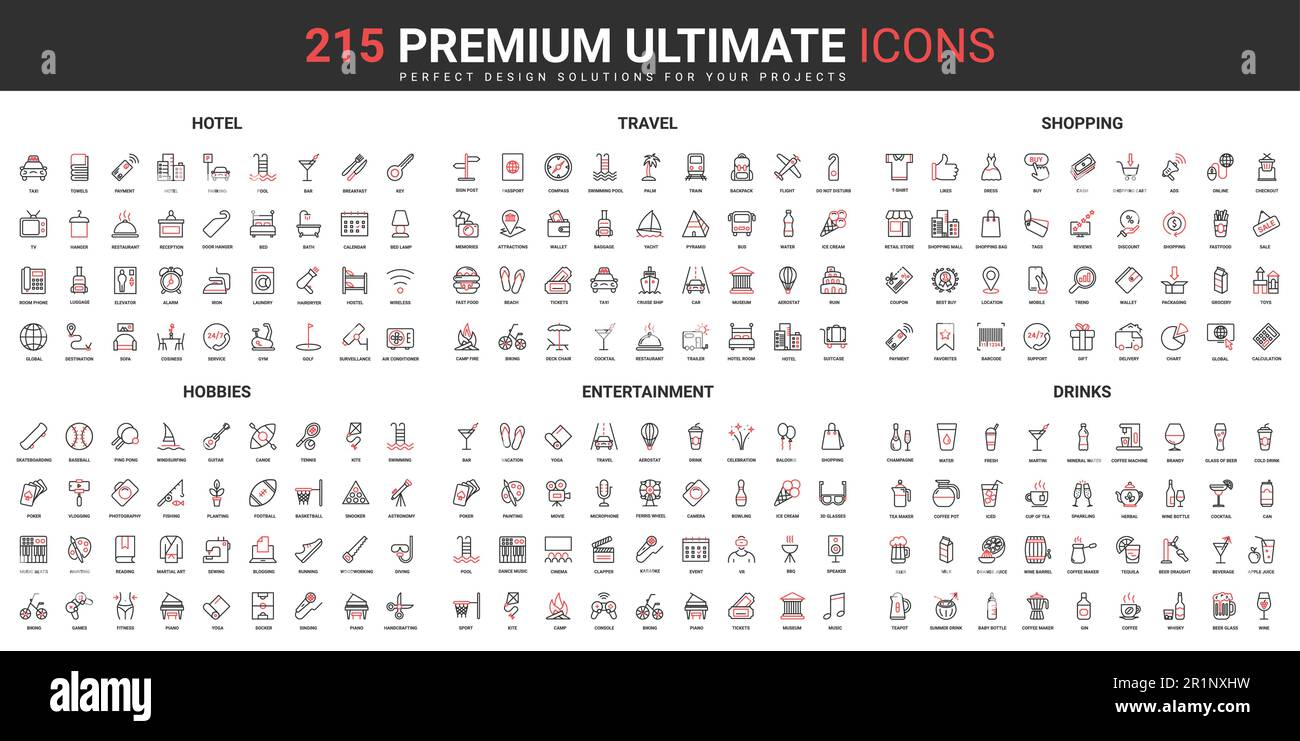 Travel, entertainment event and shopping, bar drinks thin line red ...