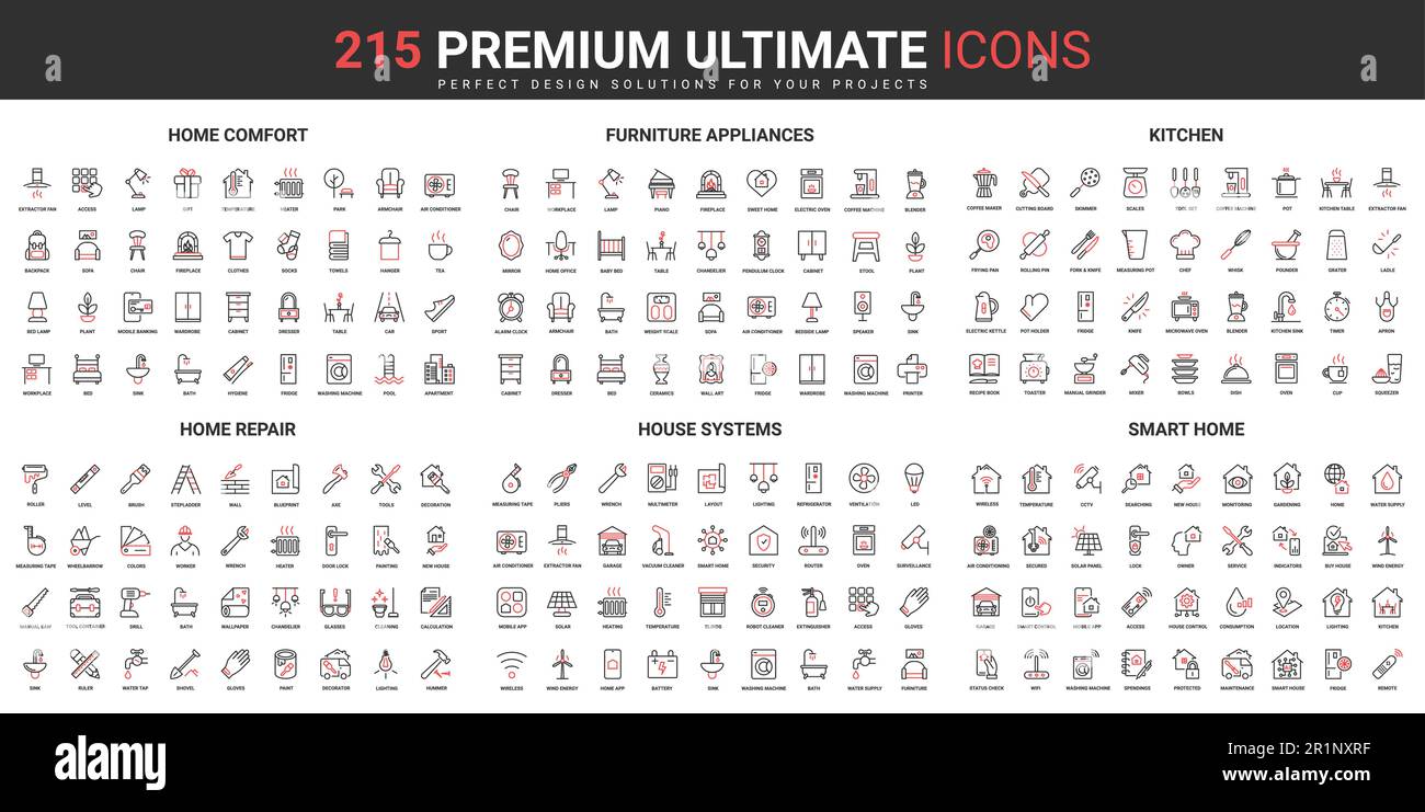 House systems for comfort, smart home thin line red black icons set ...