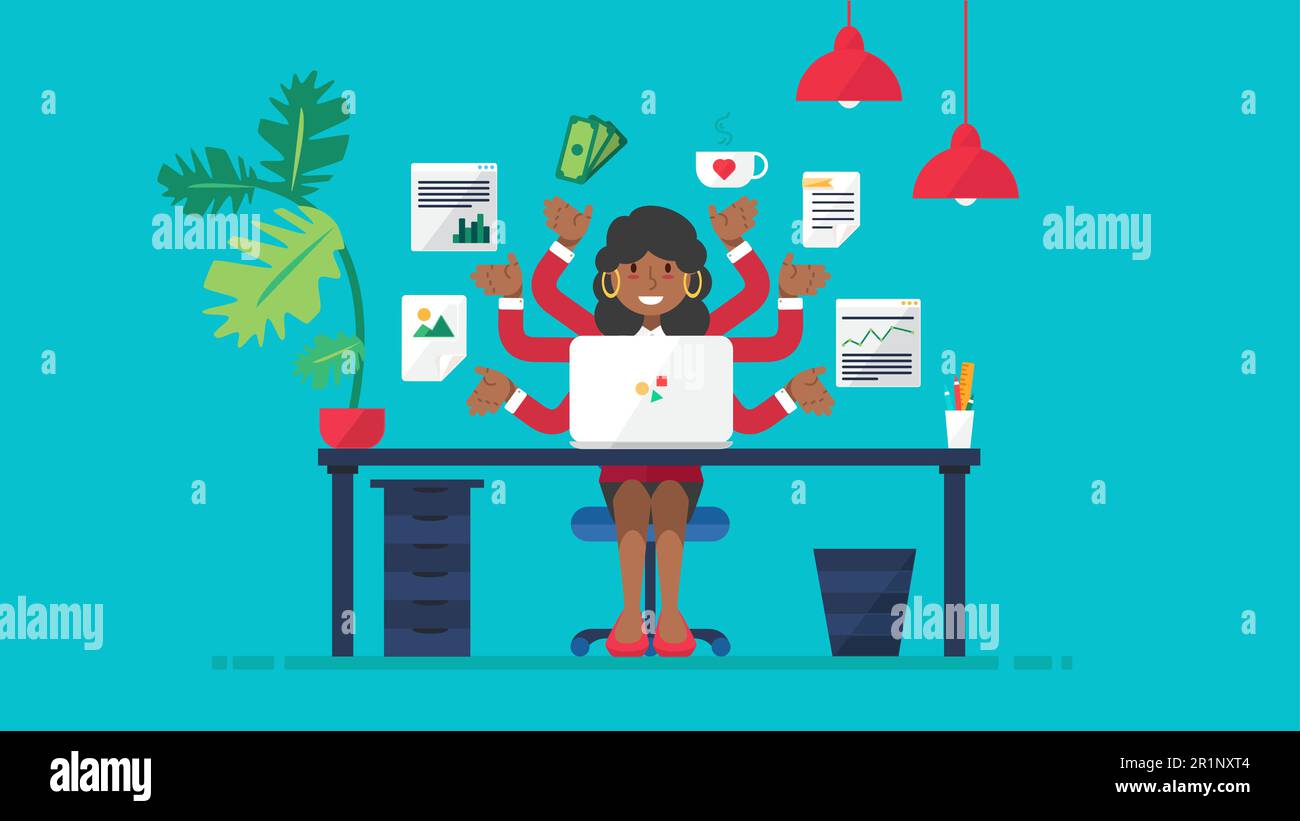African business woman busy working flat vector illustration. Young ...