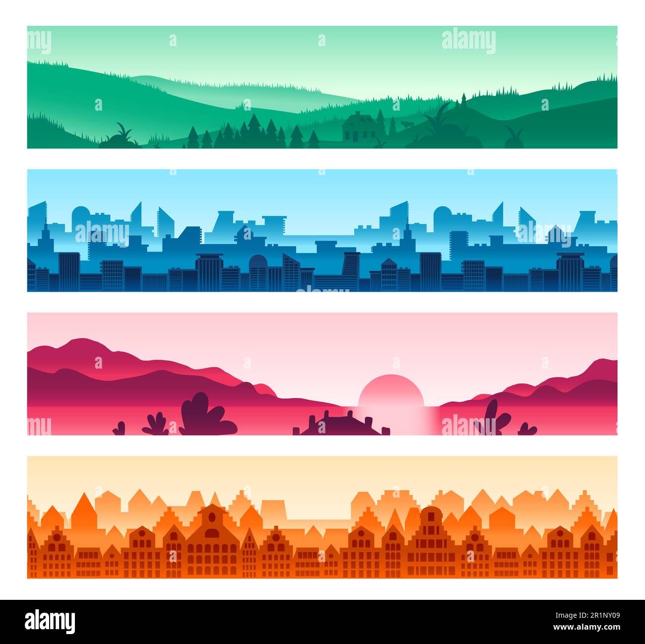 Urban, countryside landscapes silhouettes set. Meadow, megapolis ...