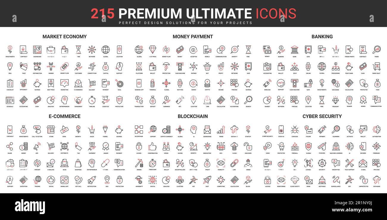 Blockchain, money payment and trade thin line red black icons set ...