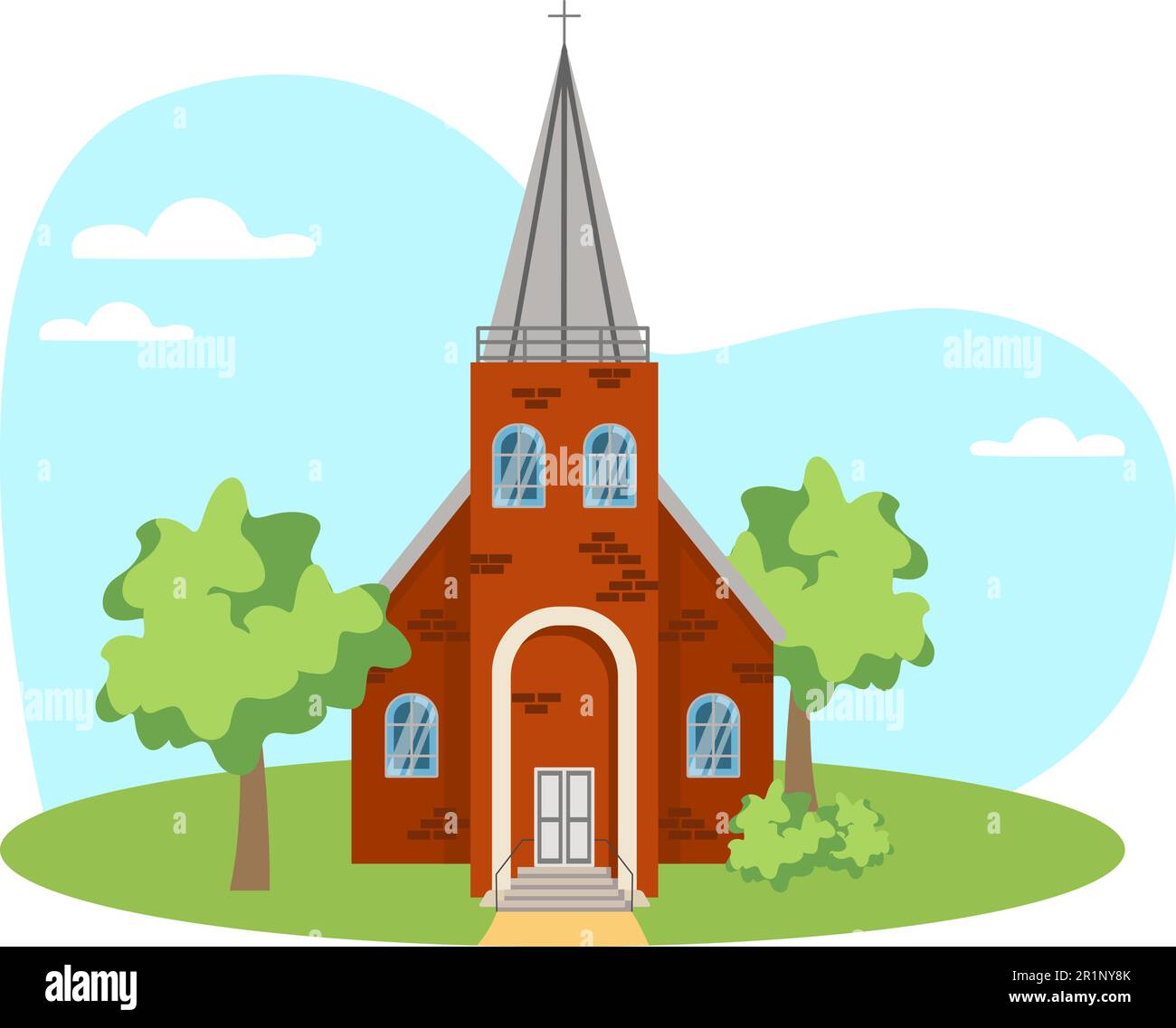 Church illustration. Building, cross, window, door, roof, tree ...