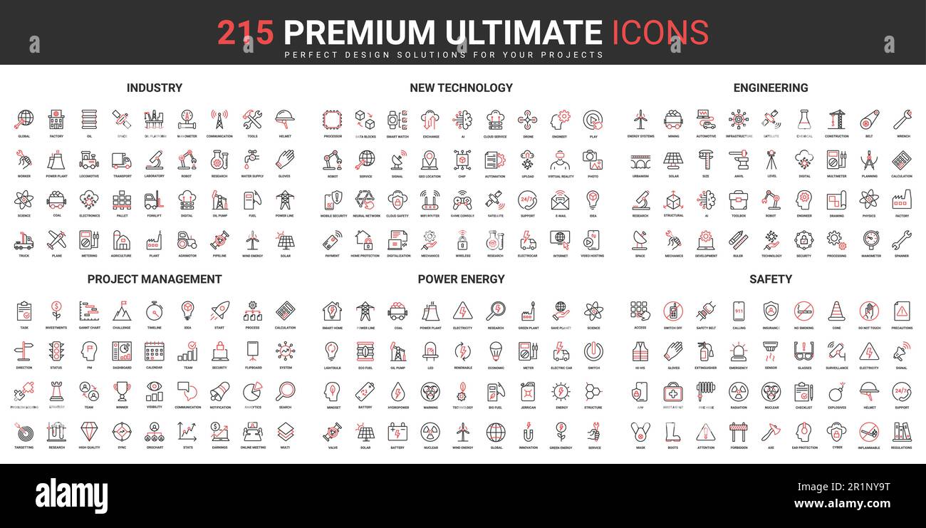 Industry and engineering, new technology, safety thin line red black icons set vector ...