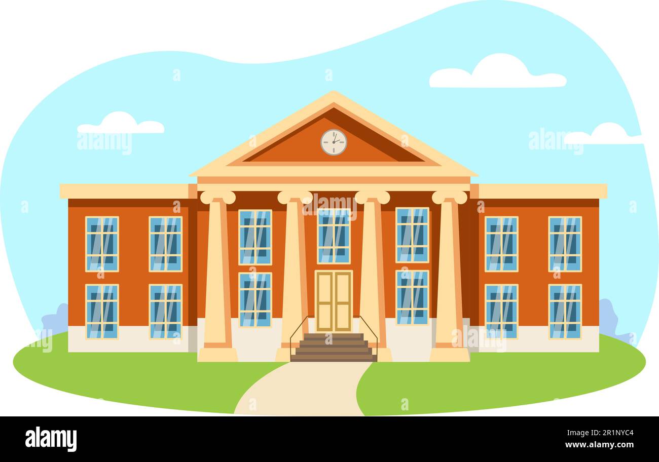 School illustration. Building, column, window, door, clock. Editable ...