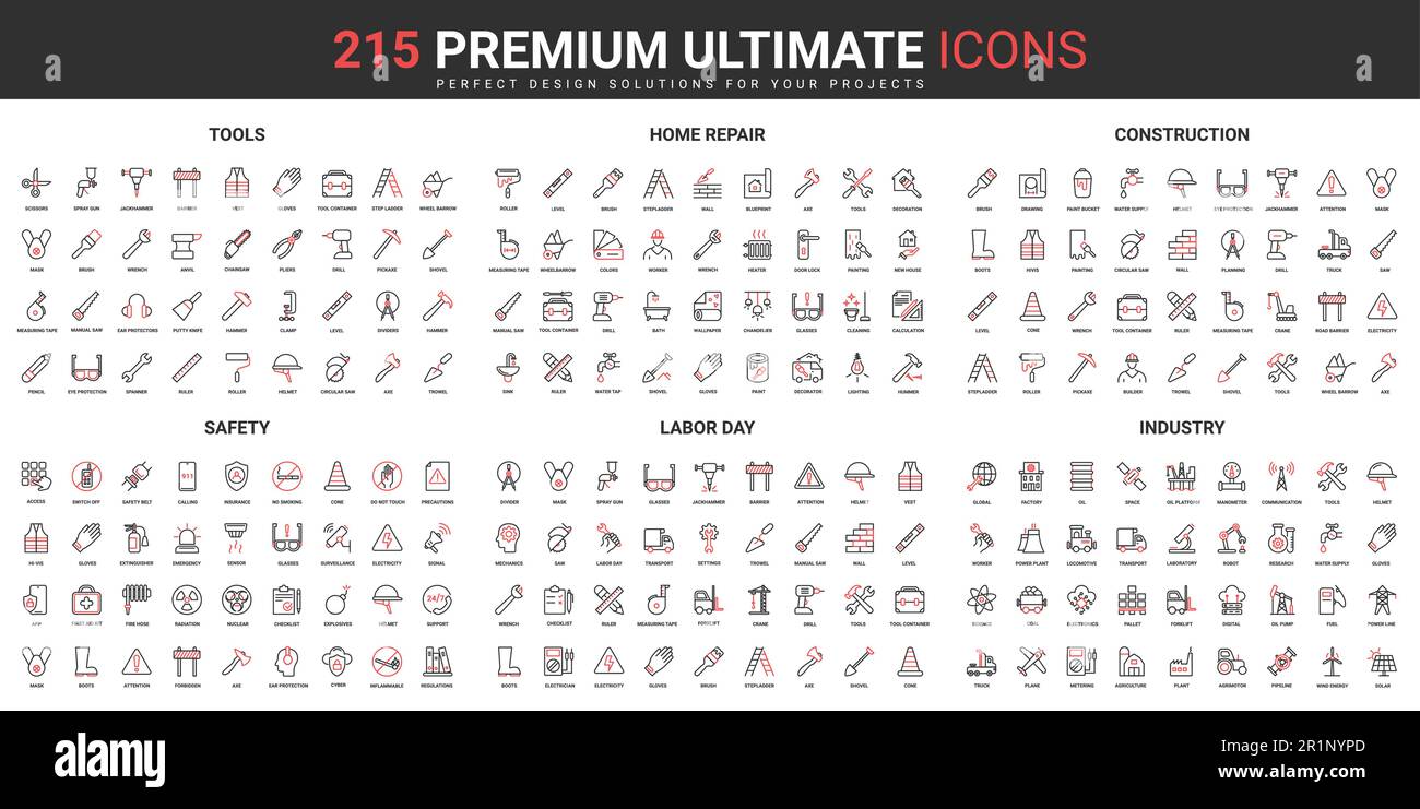 Tools and equipment for home repair and building construction thin line ...