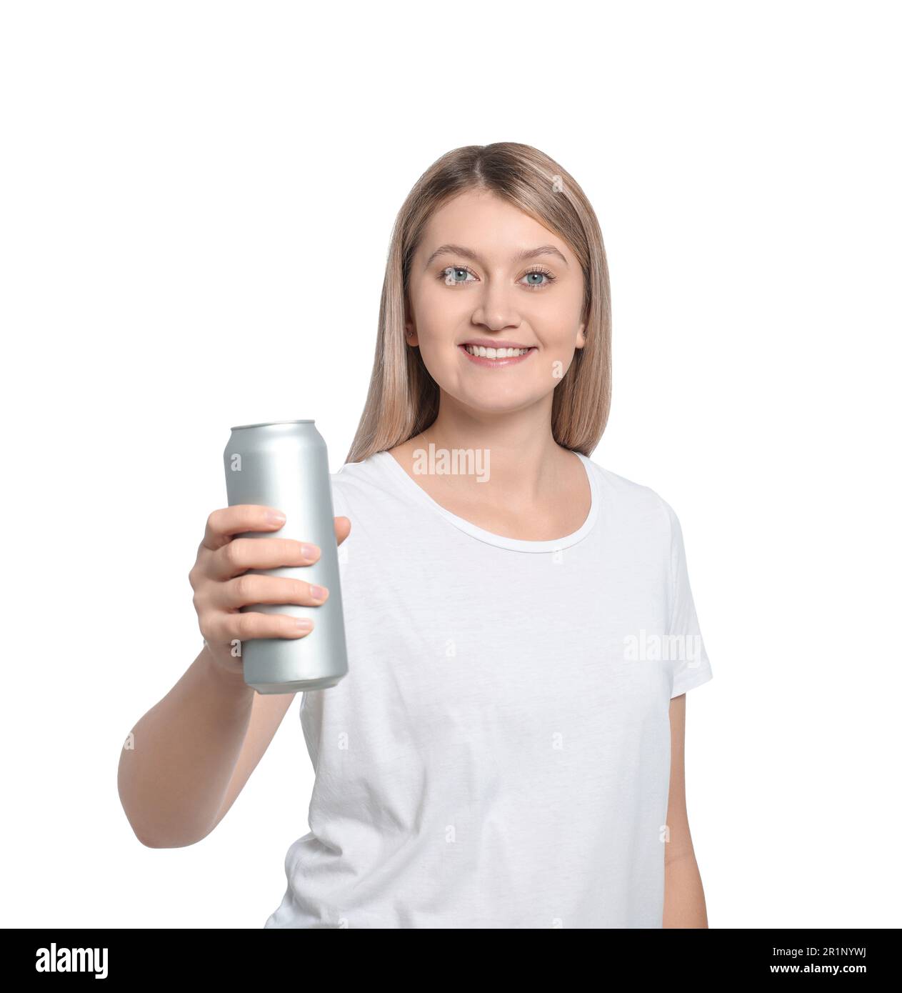 Beautiful happy woman holding beverage can on white background Stock ...