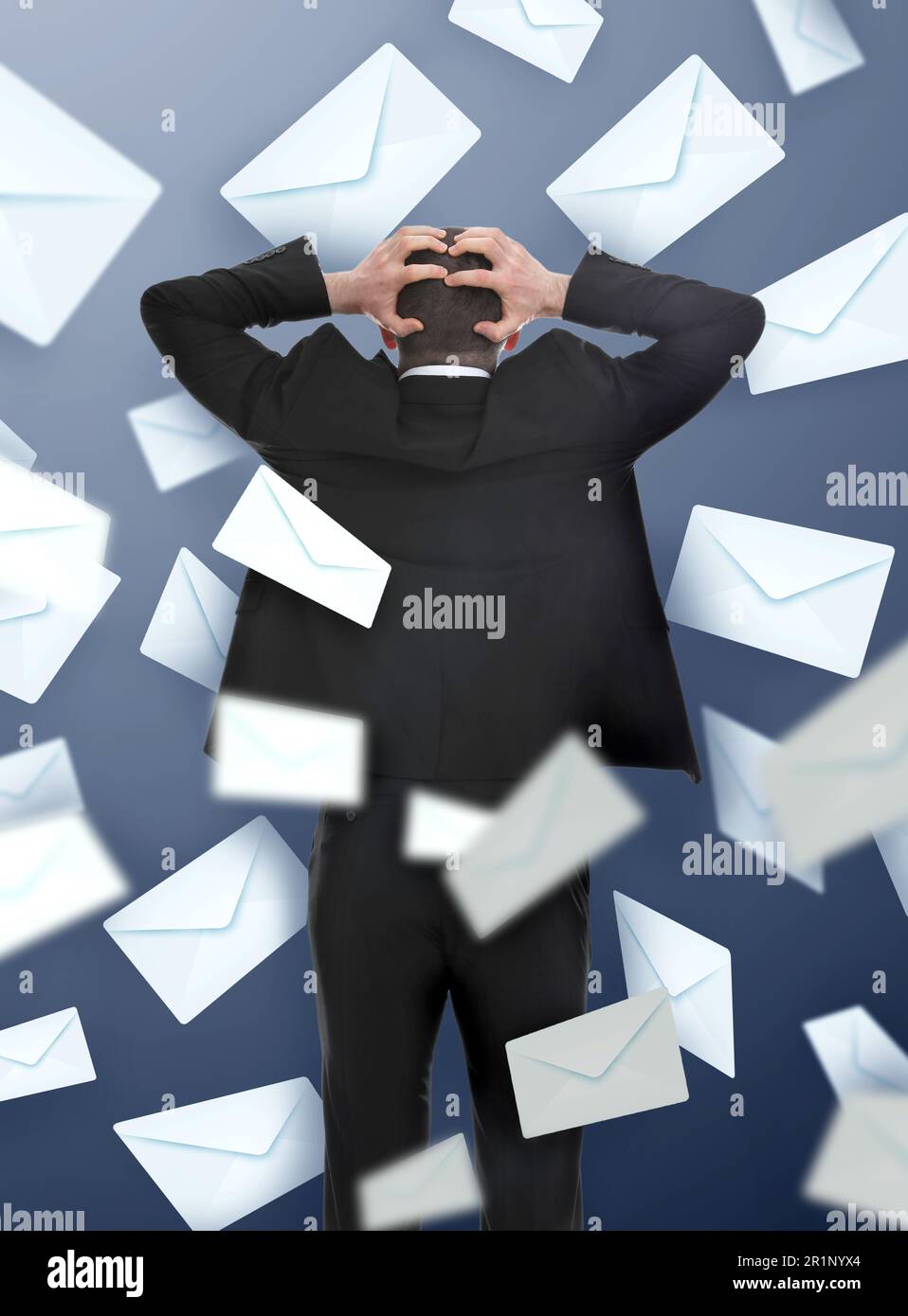 Email spam. Confused man and many letters on color background Stock ...