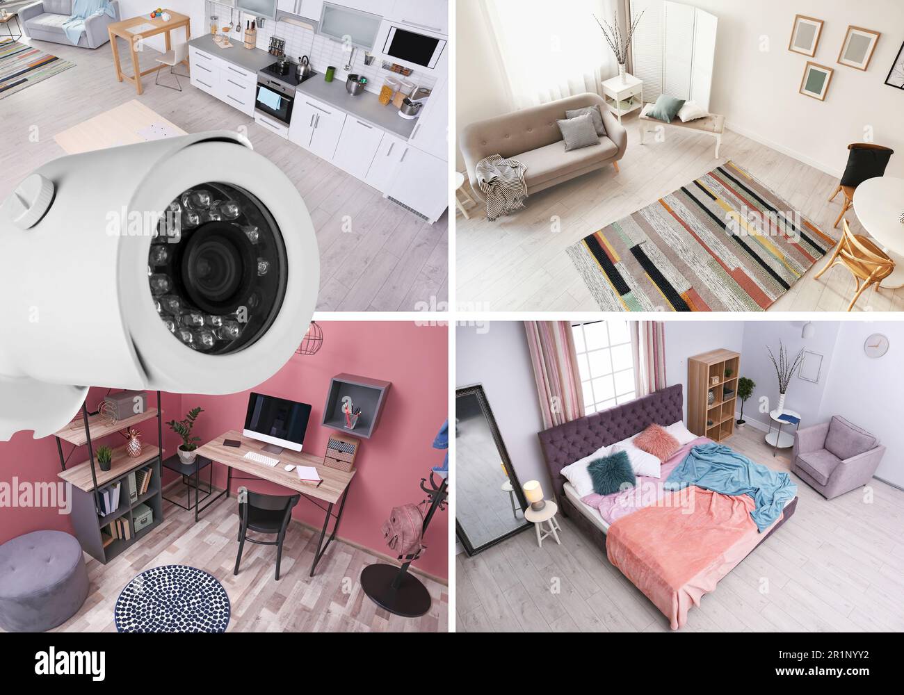 View of rooms through CCTV cameras. Collage Stock Photo - Alamy