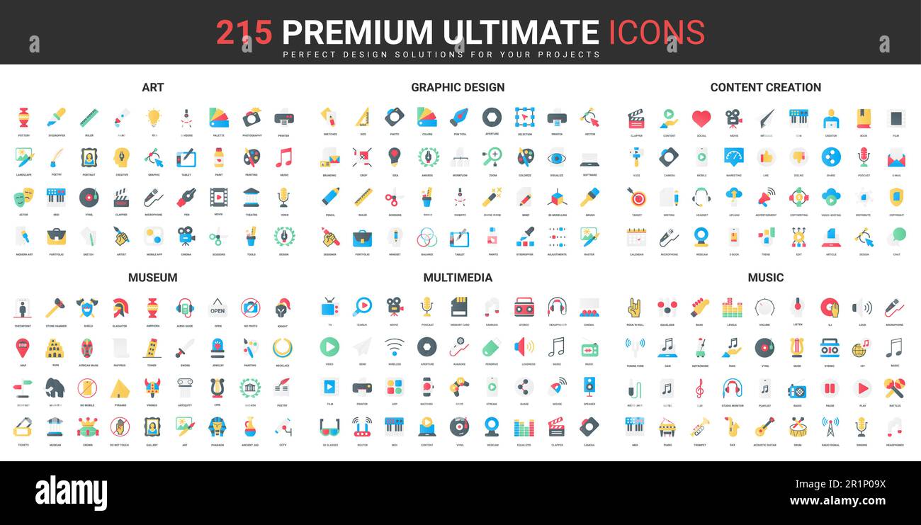 Art content, multimedia creation color flat icons set vector ...