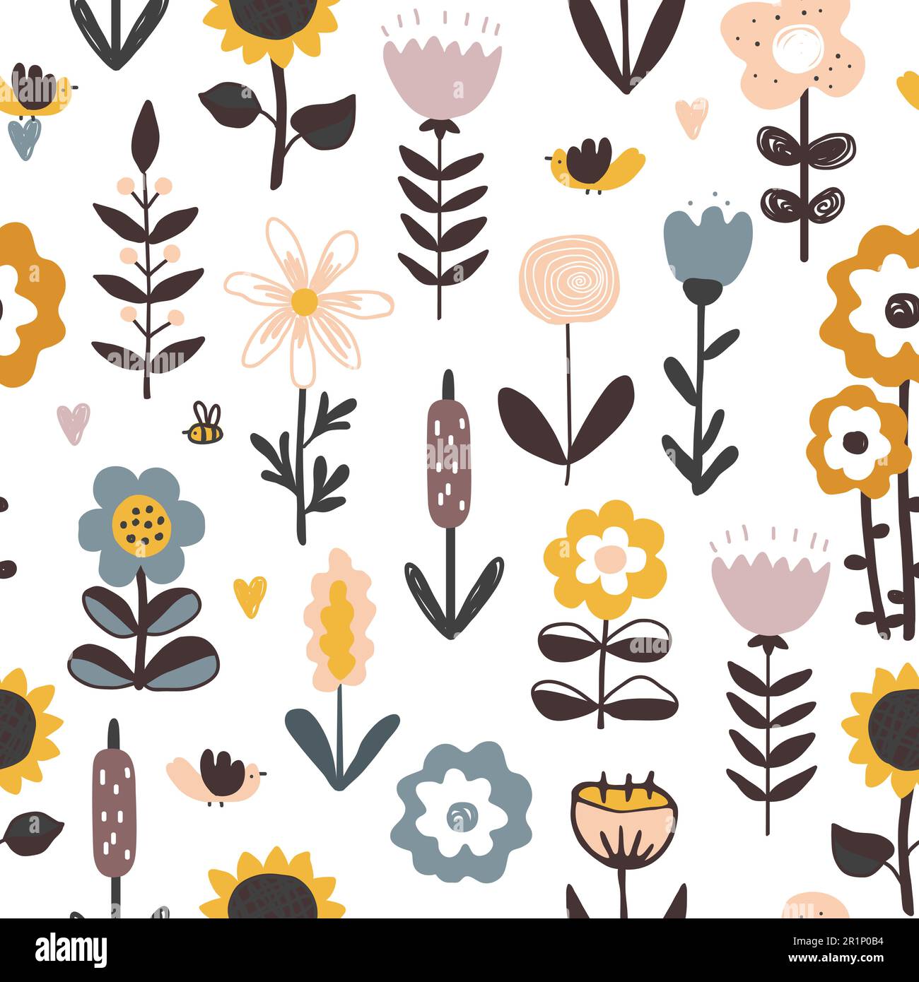 Cute hand drawn flowers, hearts, and birds seamless pattern. Nursery or ...