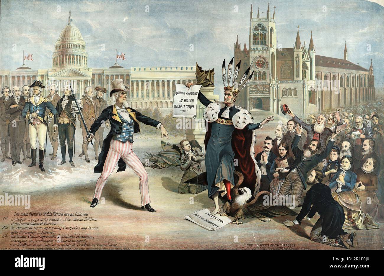 Print shows Uncle Sam standing with sword on left side, with figures ...