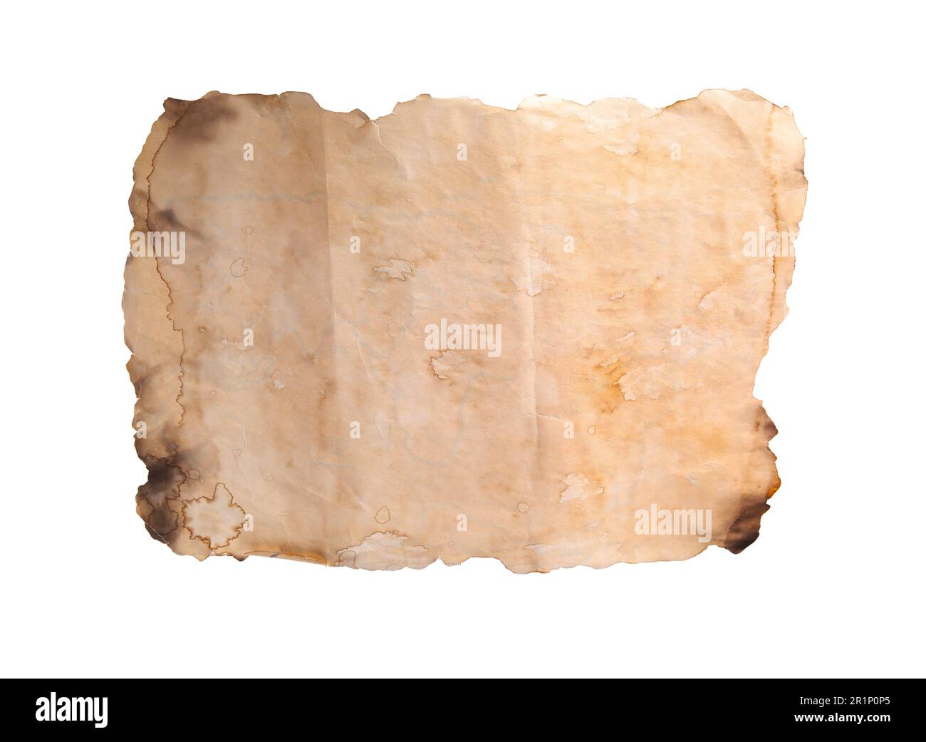 Piece of old paper with dark burnt borders isolated on white. Space for ...