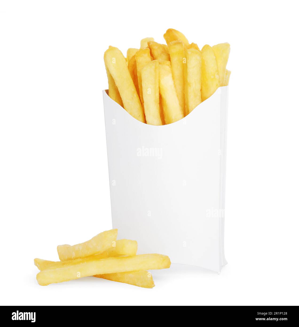 Paper takeout container with delicious french fries on white background ...