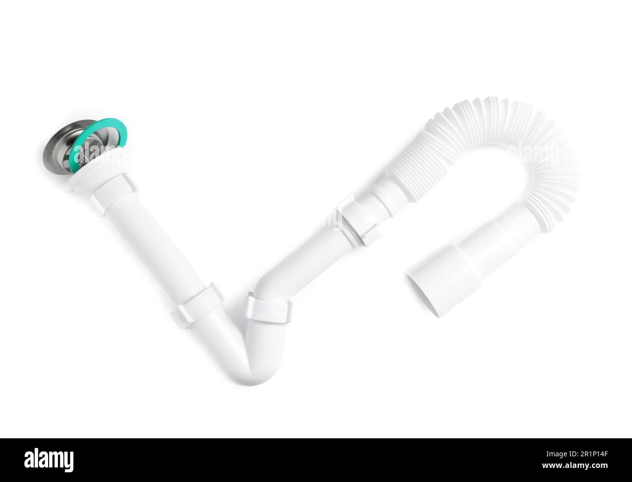 Plastic pipe with waste trap and sink strainer isolated on white ...