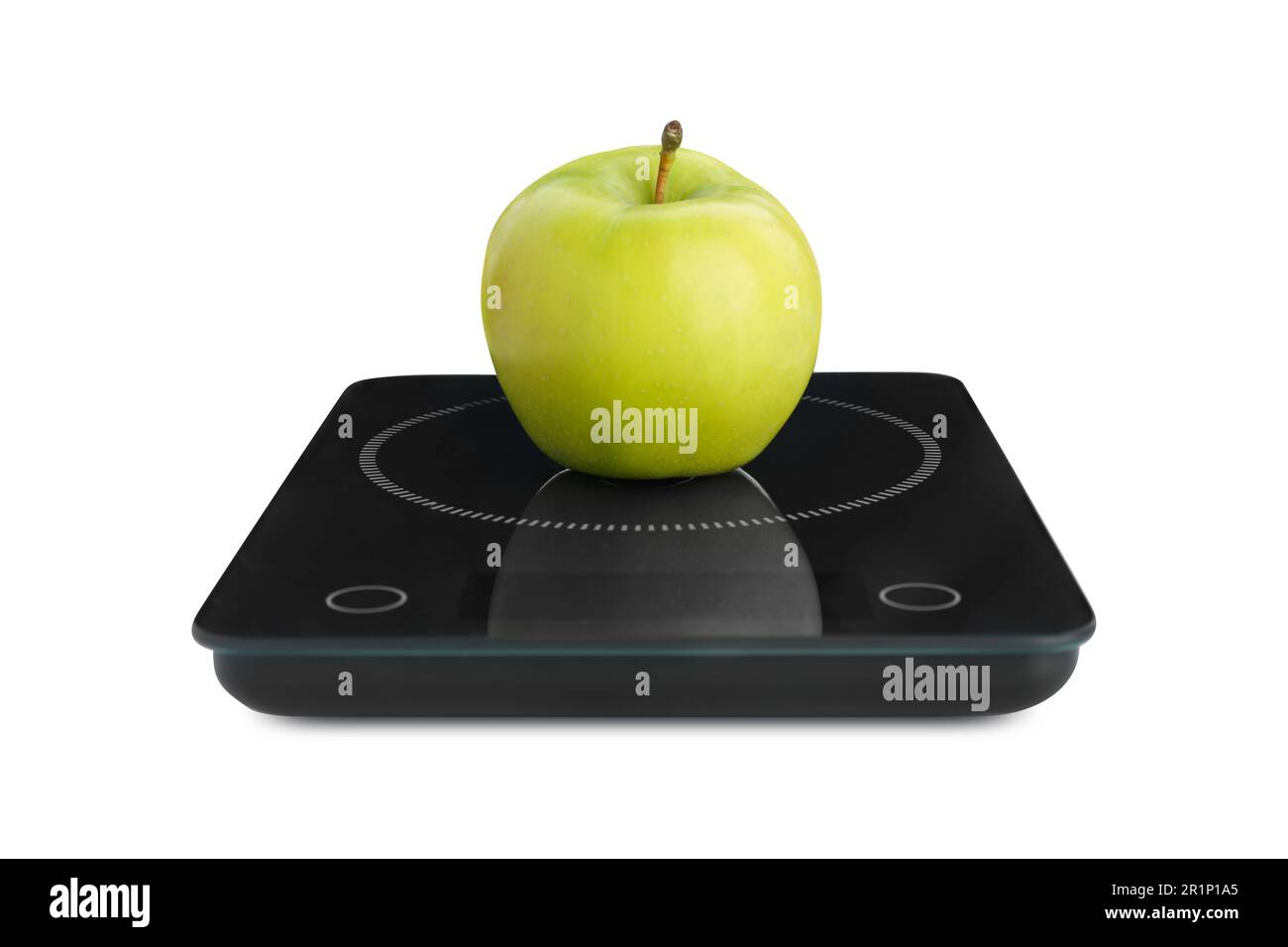 Electronic scales with ripe green apple on white background Stock Photo ...