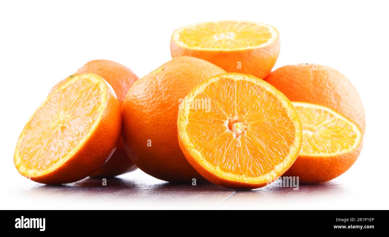 Composition with ripe oranges over white background Stock Photo - Alamy