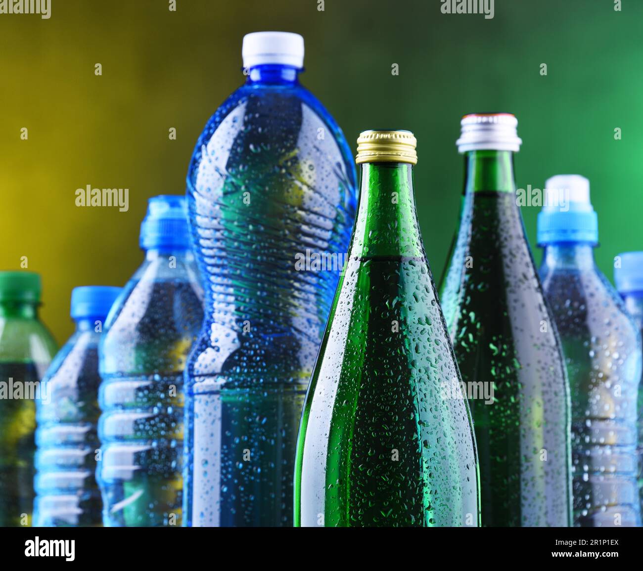Composition with different sorts of bottles containing mineral water ...