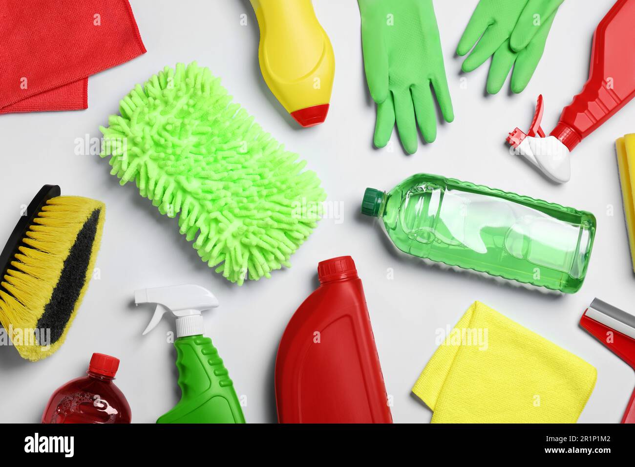 Flat lay composition with different car wash products on white ...