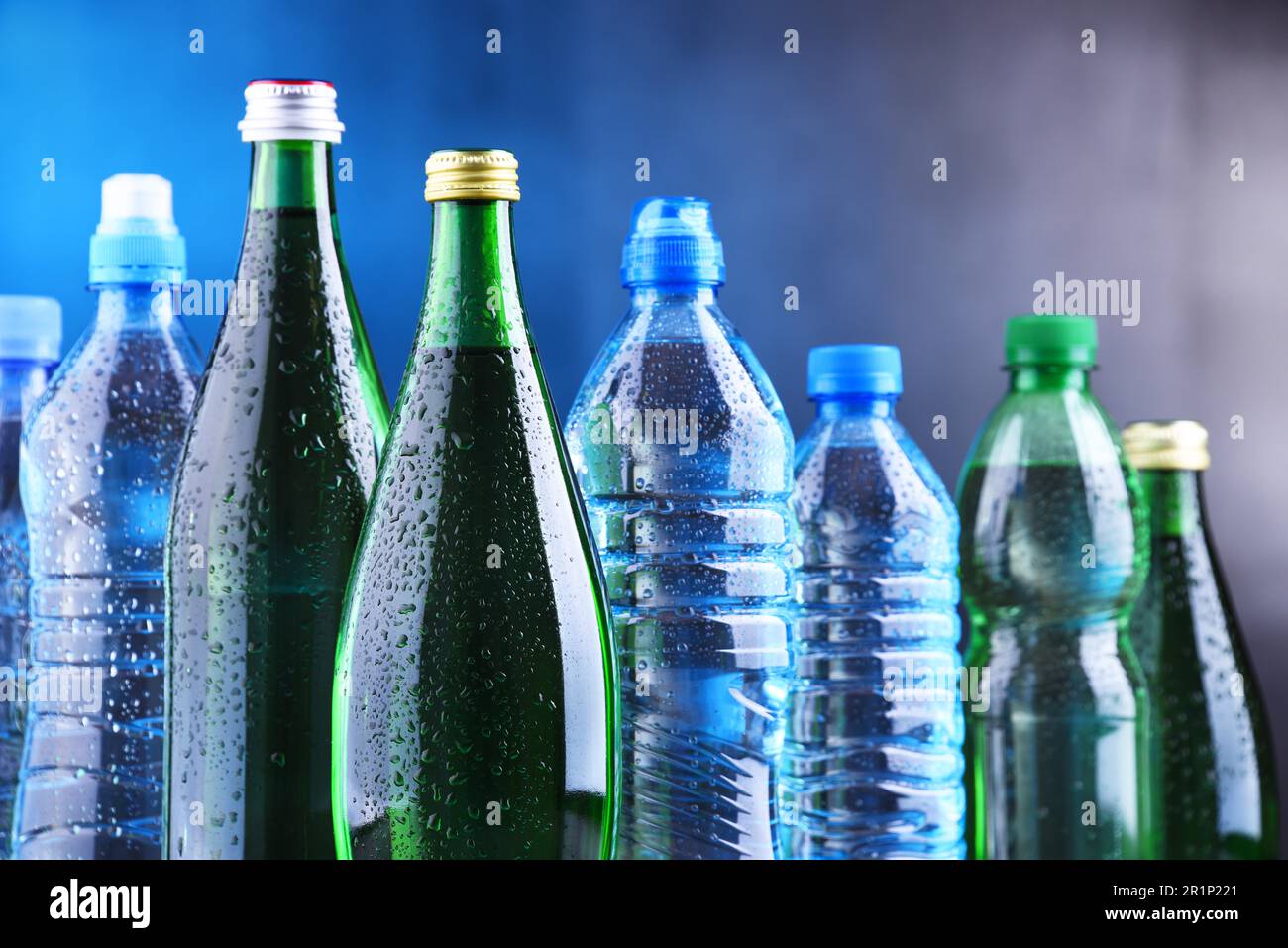 Composition with different sorts of bottles containing mineral water ...