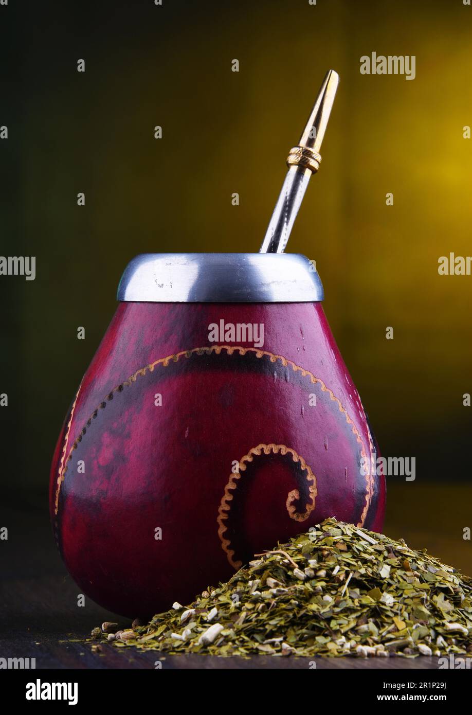 Composition with yerba mate cup and leaves Stock Photo - Alamy
