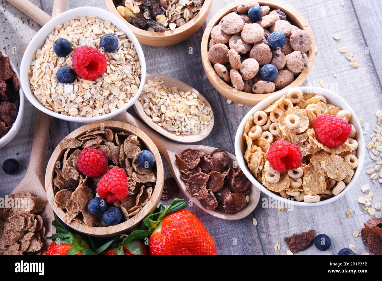 Bowls containing different sorts of breakfast cereal products Stock ...