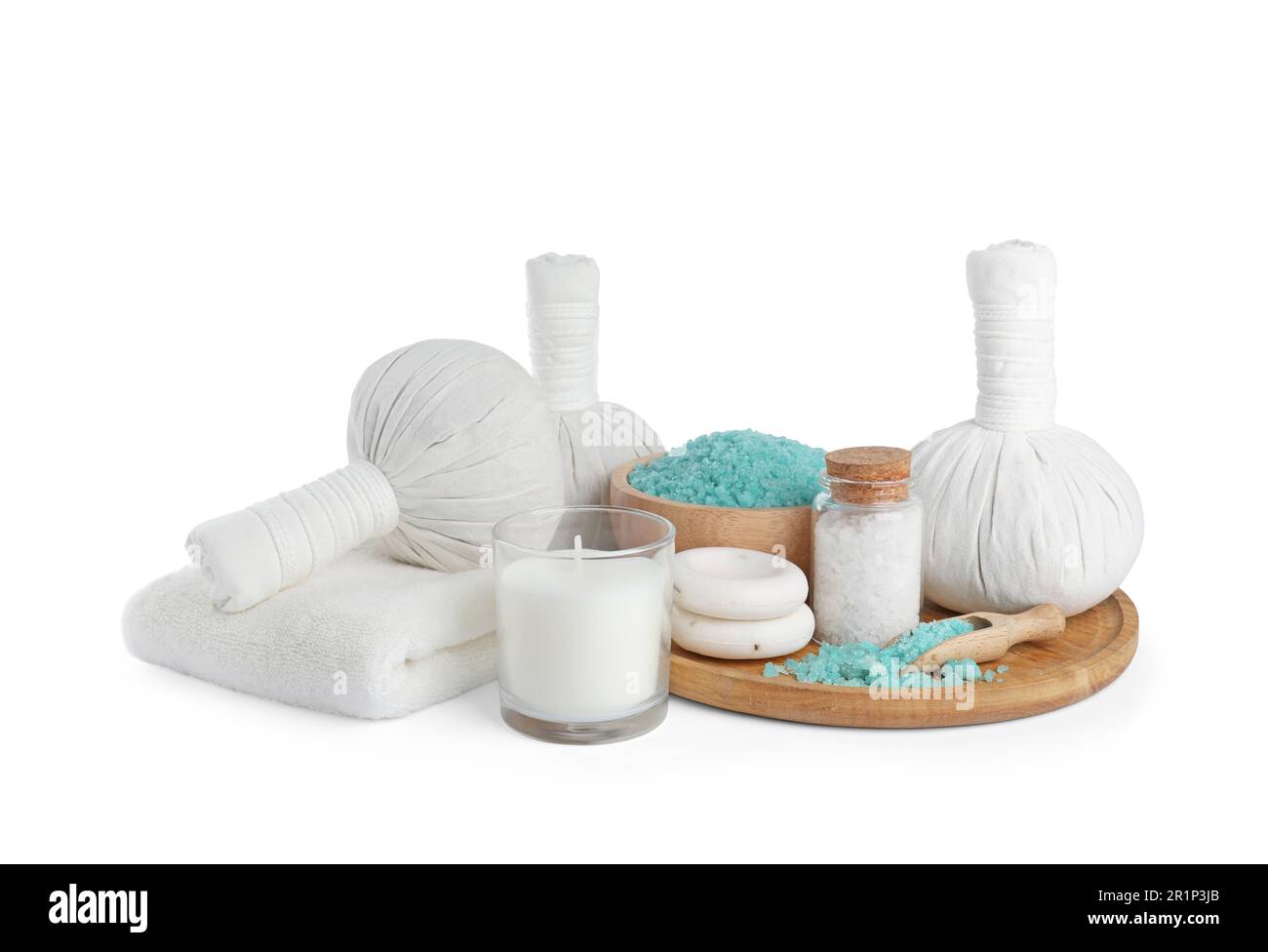 Beautiful composition with different spa products on white background ...