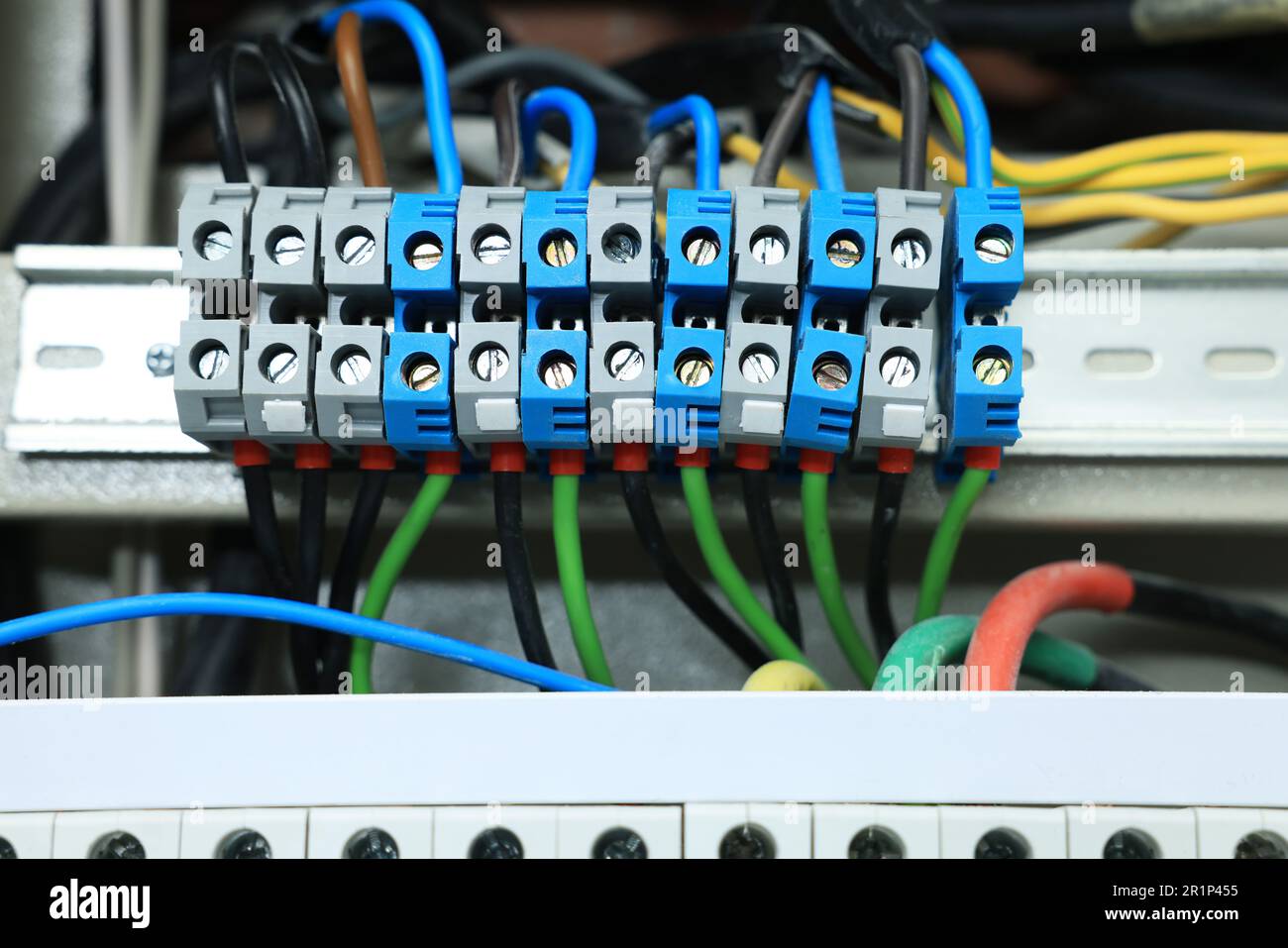 Electrical panel with many wires in fuse box, closeup Stock Photo - Alamy