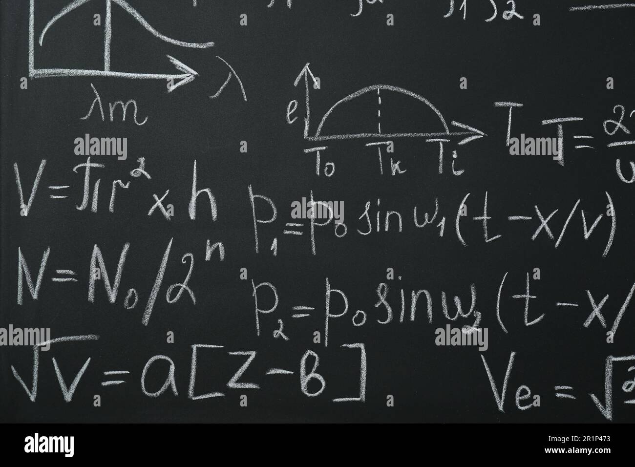 Many different math formulas written on chalkboard, closeup Stock Photo ...