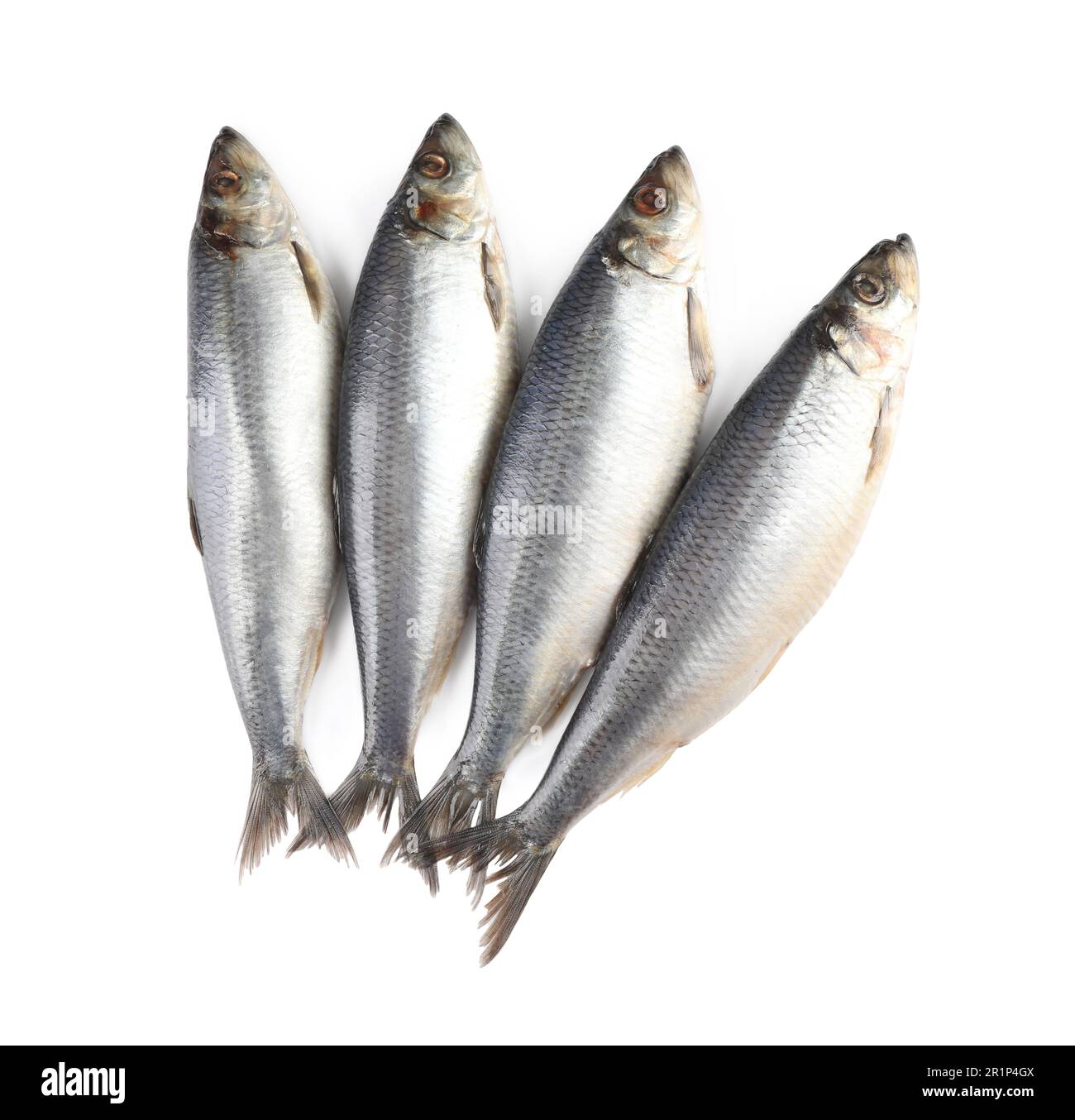 Delicious whole salted herrings isolated on white, top view Stock Photo ...
