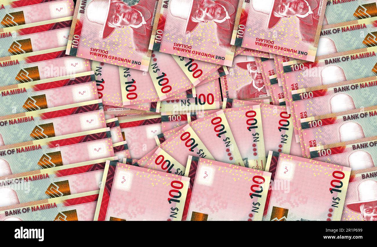 Namibia Dollar banknotes in a cash fan mosaic pattern. Namibian NAD 100 ...