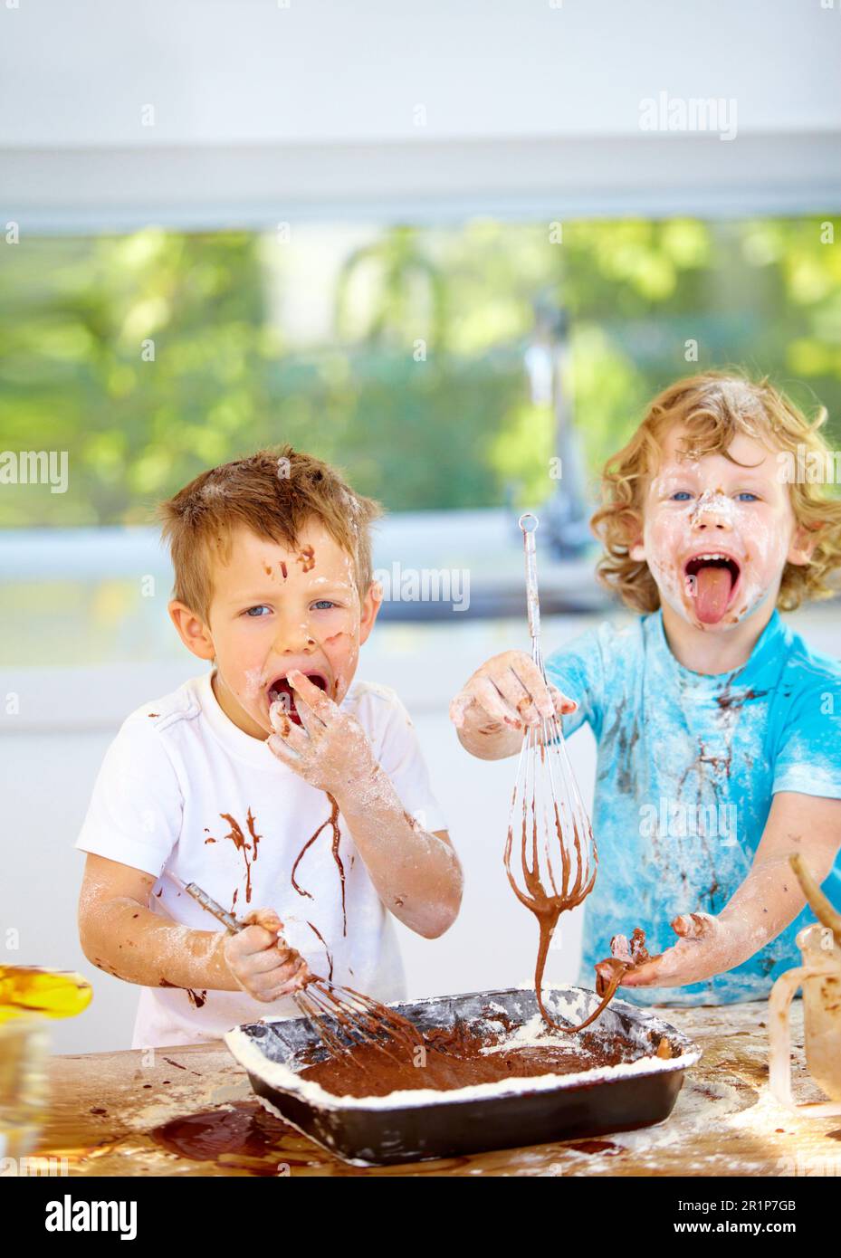 Portrait, baking and children with messy friends in the kitchen ...