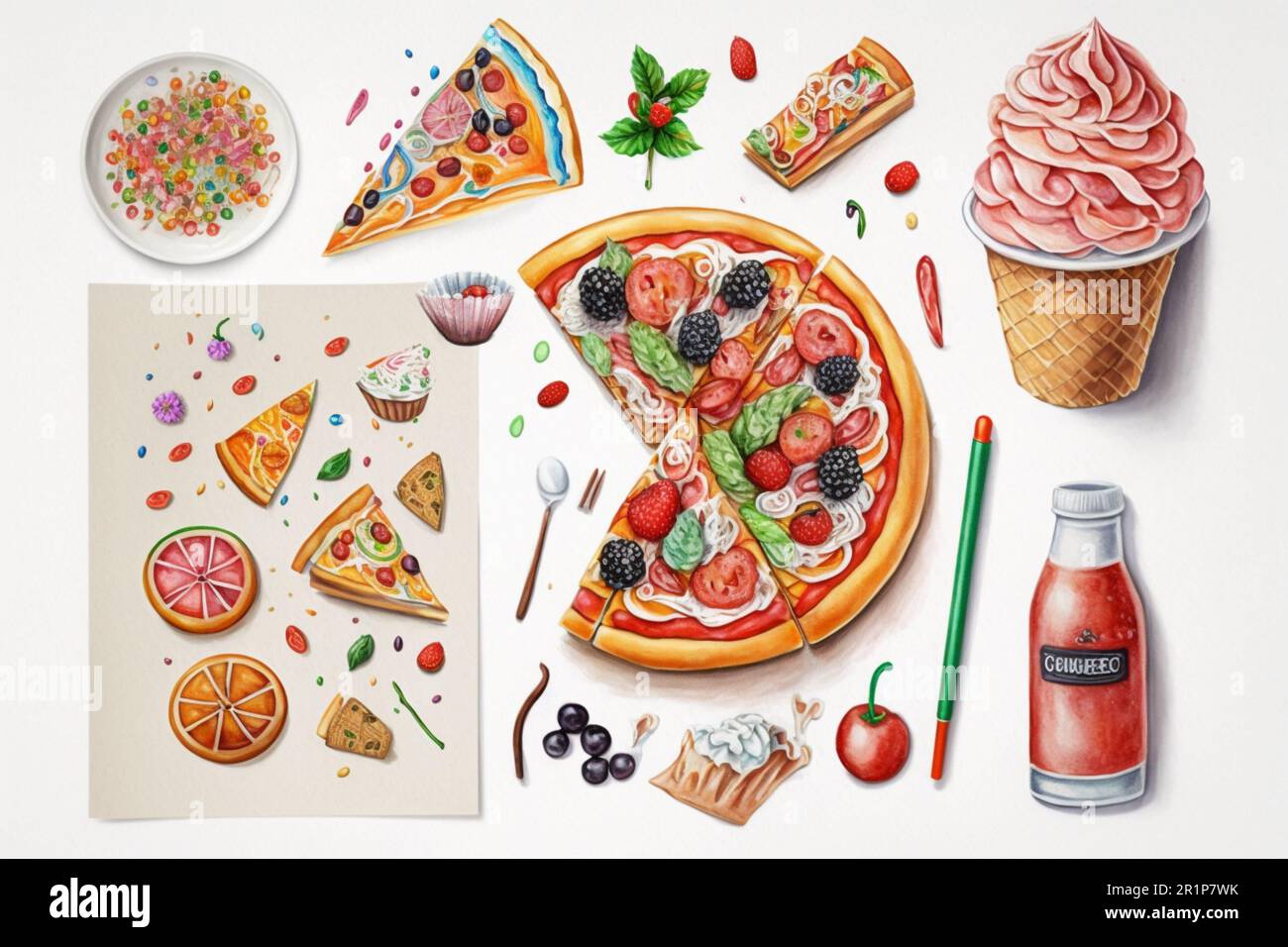 Pizza food dessert cake set drawings on white background Stock Photo ...
