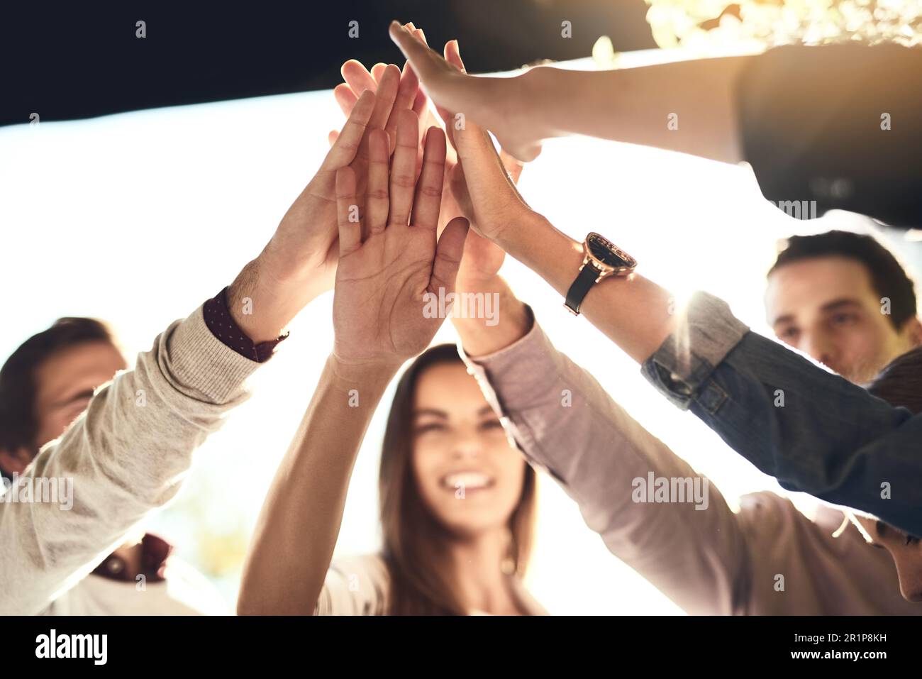 Business people, hands and high five in meeting for teamwork, winning or success in unity ...