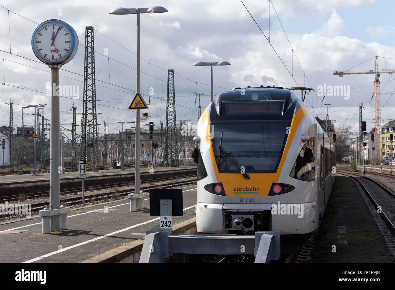 Eurobahn low-floor train stands at an empty platform, warning strike of ...