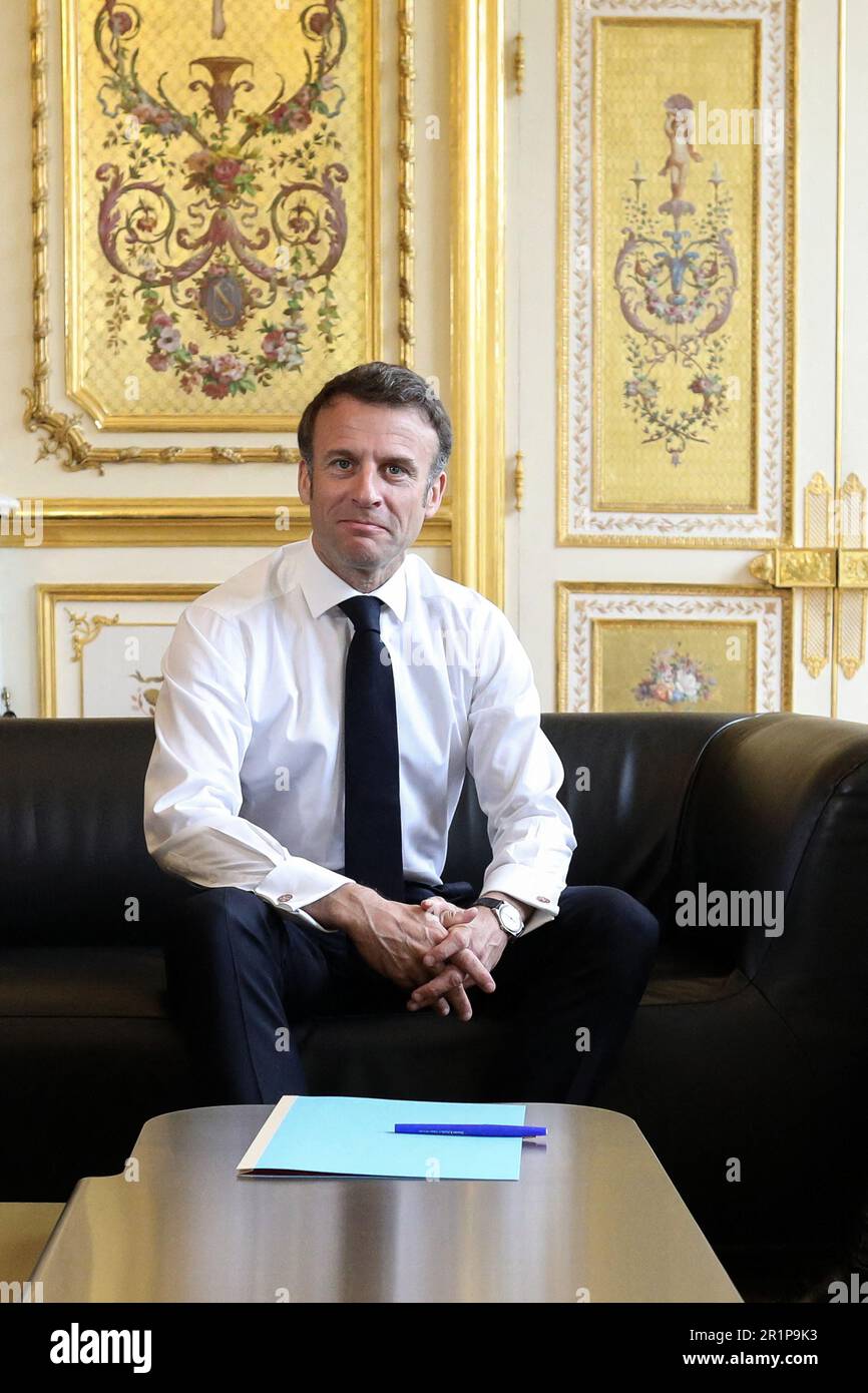 Paris, France. 15th May, 2023. French President Emmanuel Macron during ...