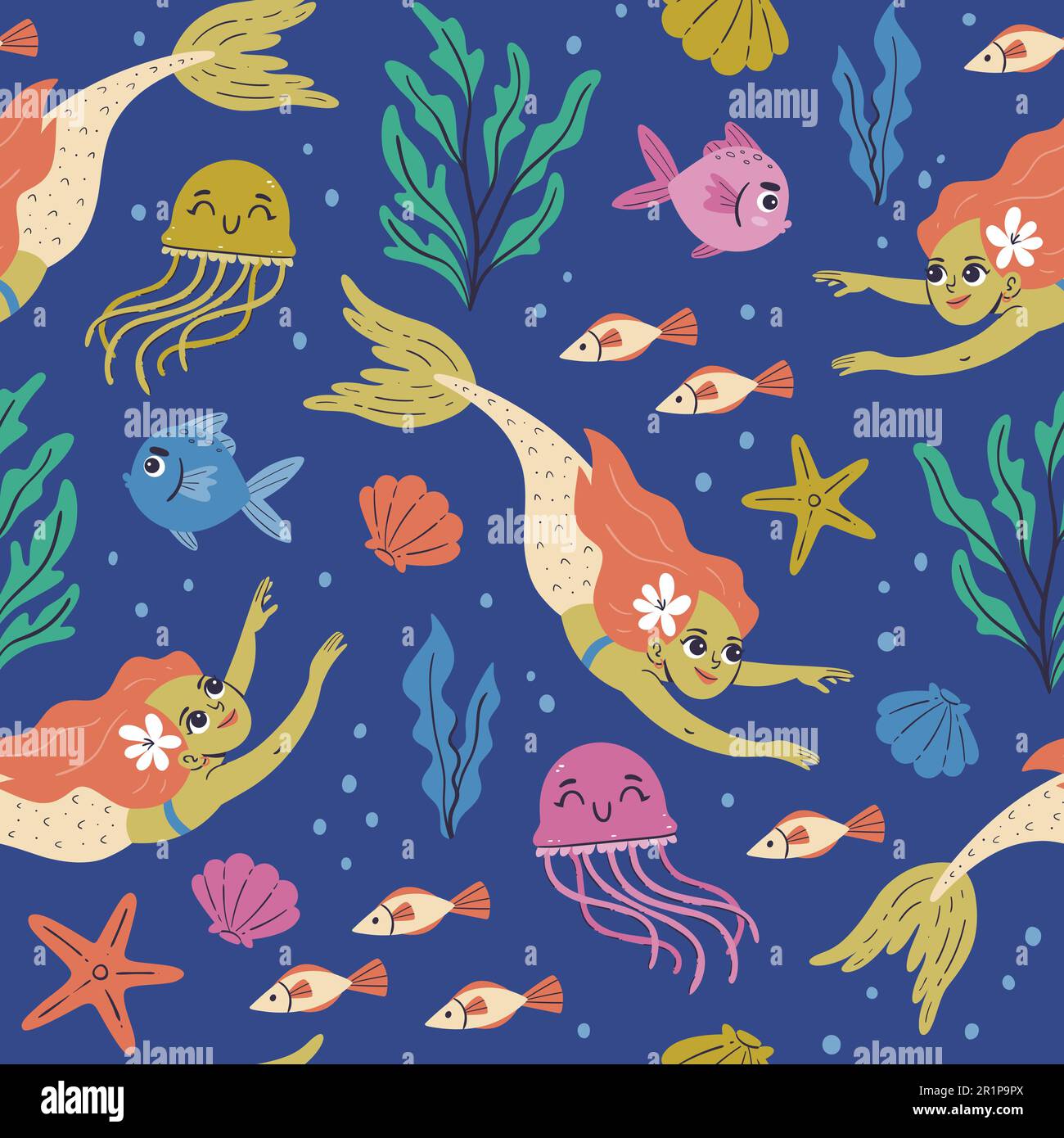 Mermaid seamless pattern. Cute mermaid swimming in the sea with seaweed ...