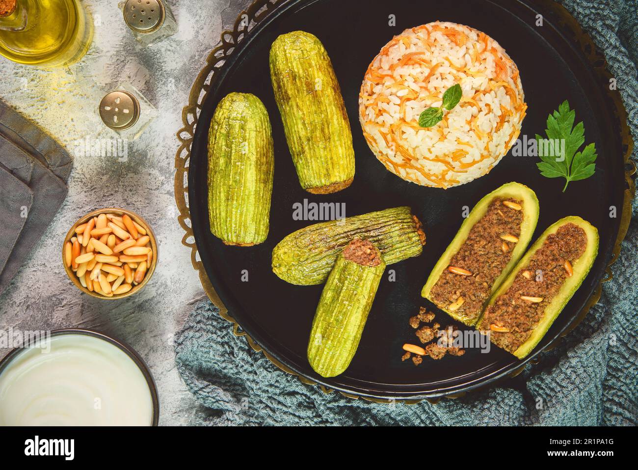 Arabic cuisine; Middle Eastern meat stuffed zucchini " Sheikh Al Mahshi ...