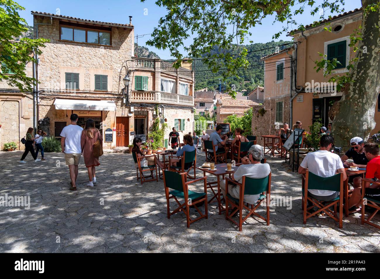 Old town, mountain village Valldemossa with typical stone houses ...