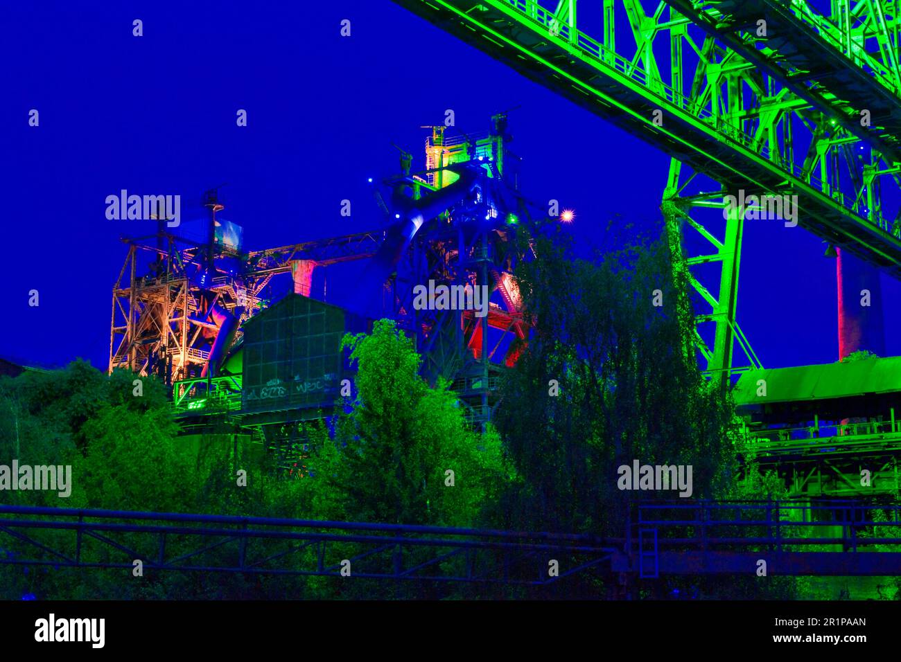 Disused steelworks, Route Industriekultur, industrial plant, light ...