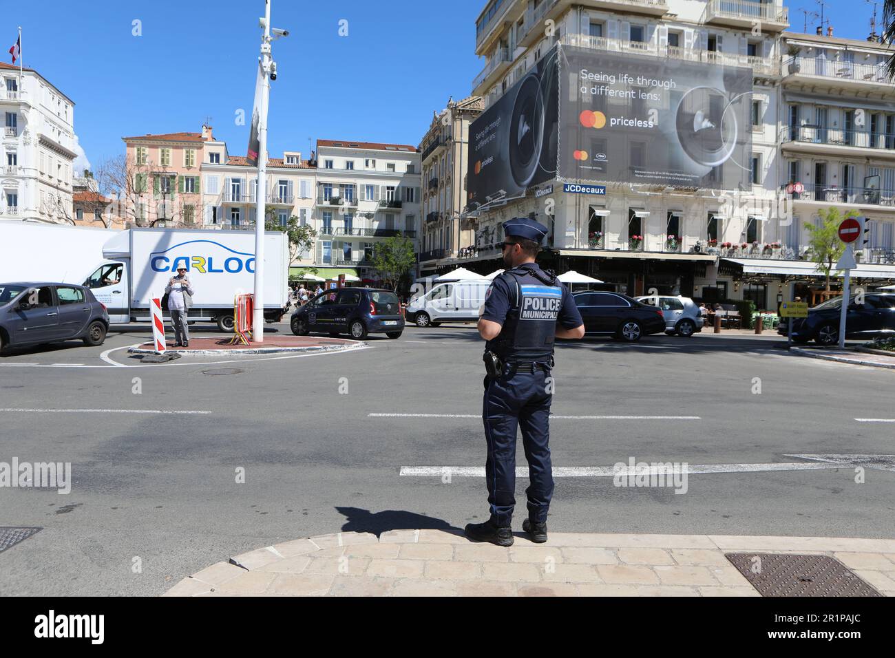 May 15, 2023, Cannes, CÃ´te d'Azur, France: Local Police controls the traffic during the soft ...