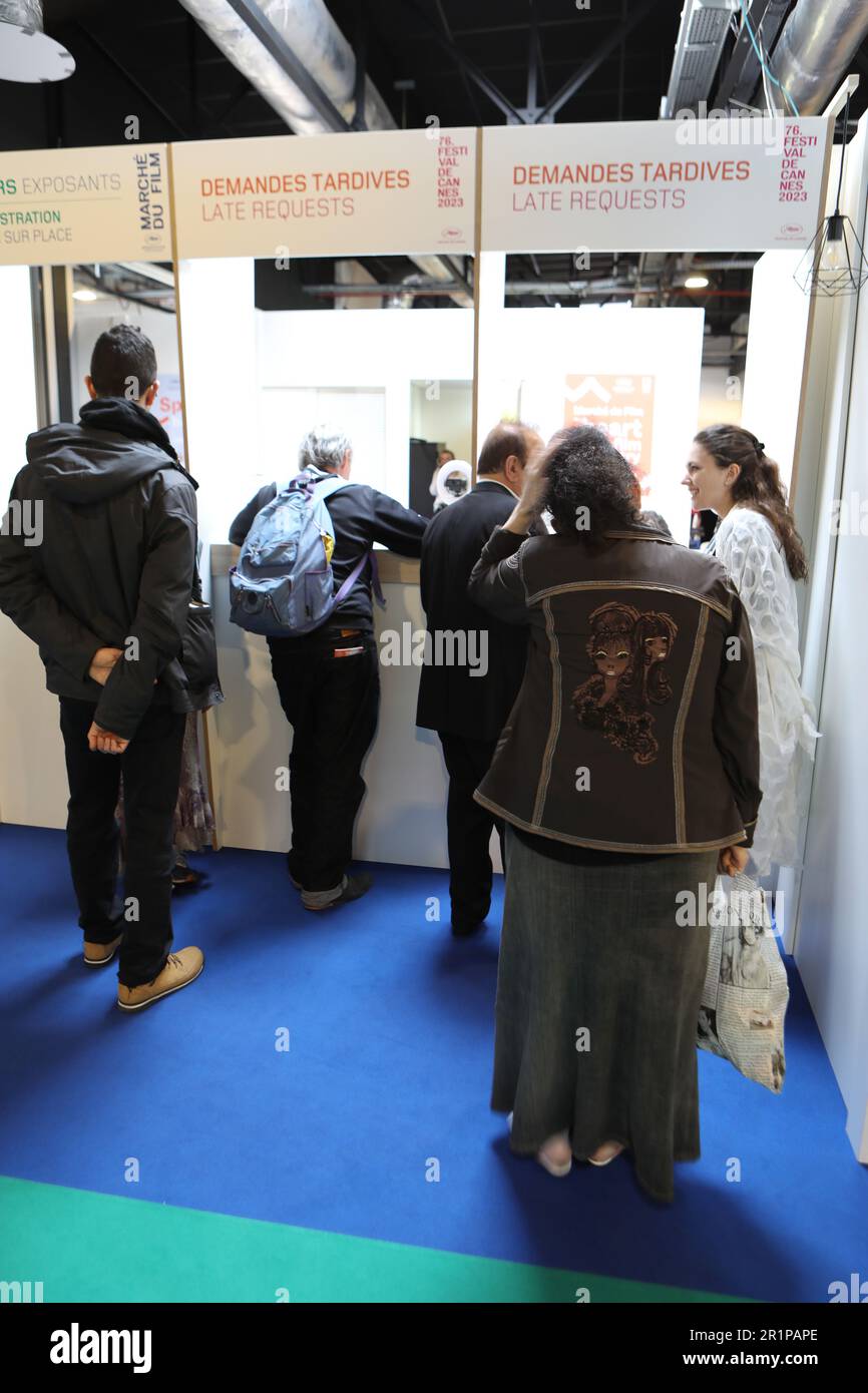 May 15, 2023, Cannes, CÃ´te d'Azur, France: Accreditation Desks at the Grand Palais on the eve ...